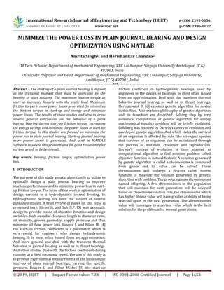 IRJET- Minimize the Power Loss in Plain Journal Bearing and Design Optimization using Matlab | PDF