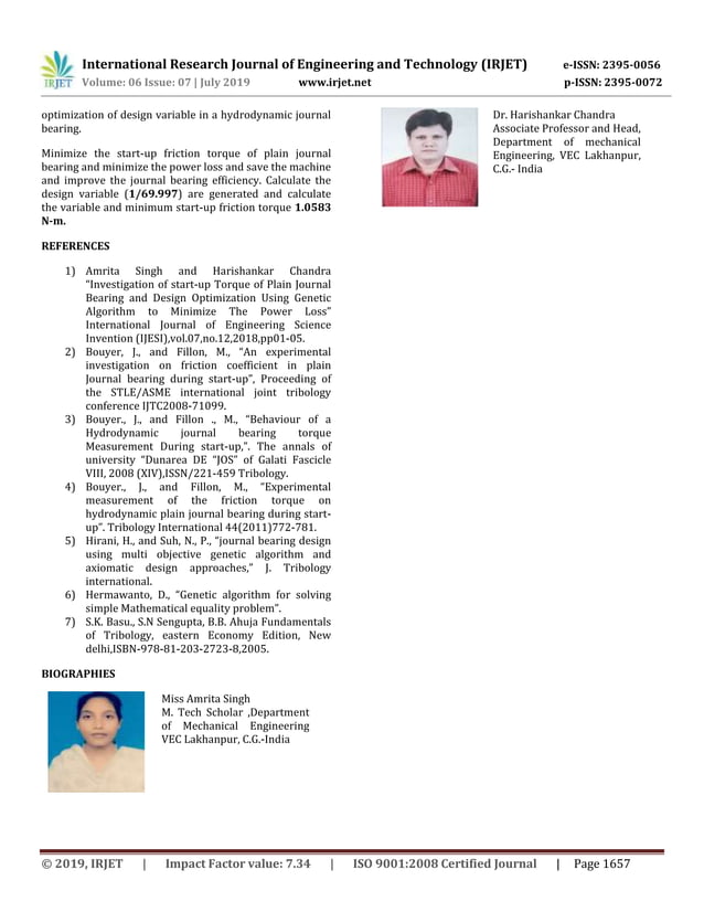 IRJET- Minimize the Power Loss in Plain Journal Bearing and Design ... IRJET- Minimize the Power Loss in Plain Journal Bearing and Design ...