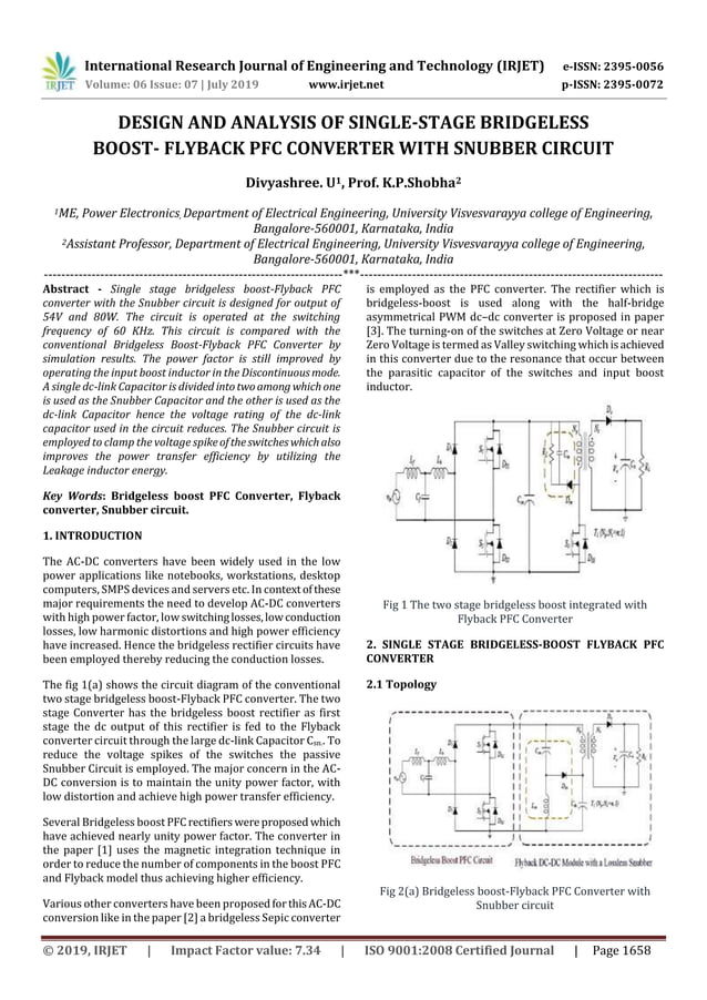 IRJET- Design and Analysis of Single-Stage Bridgeless Boost- Flyback PFC Converter with Snubber ...