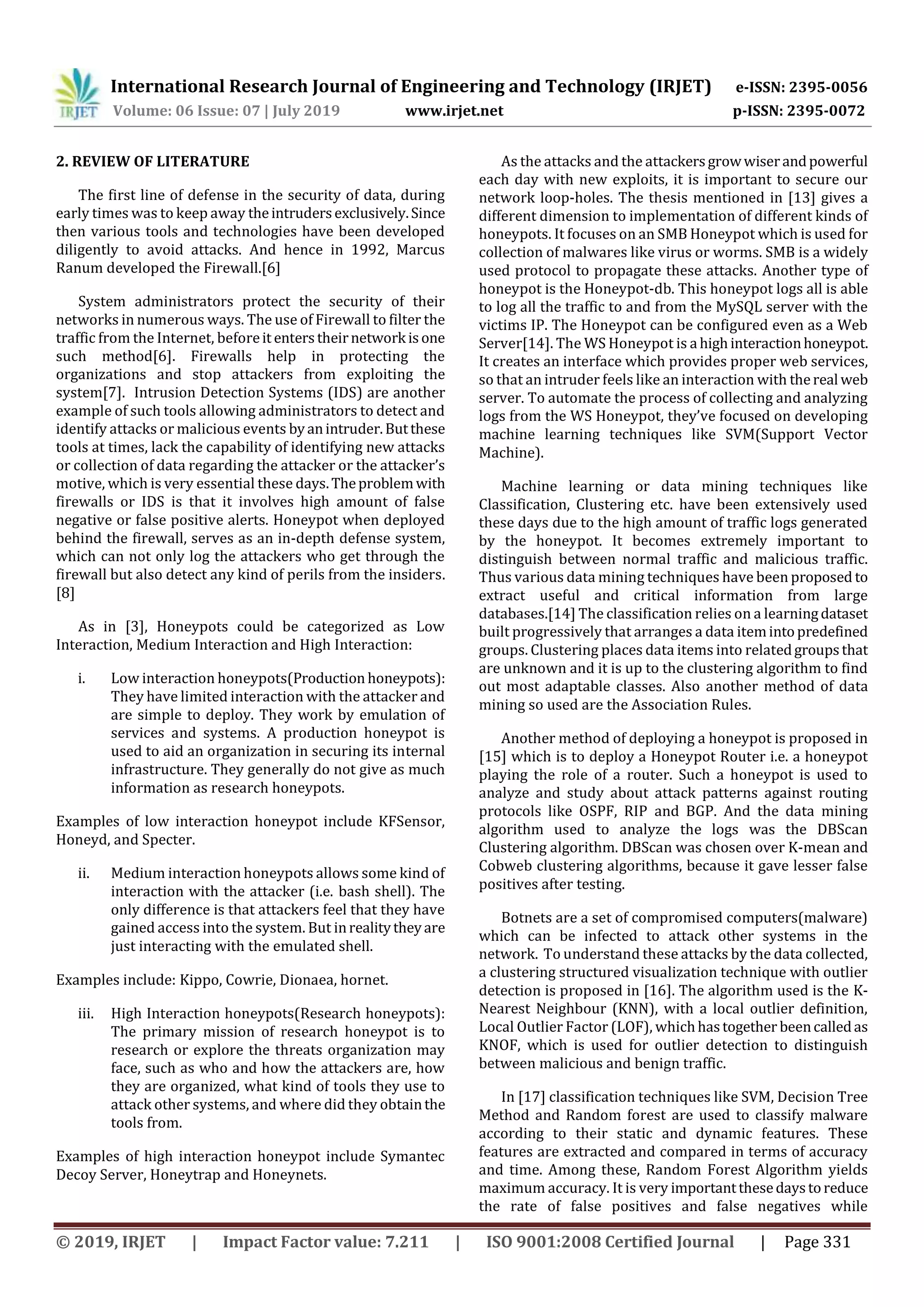 Irjet A Cloud Based Honeynet System For Attack Detection Using Machine Learning Techniques Pdf