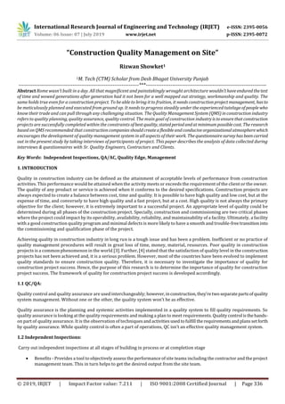 IRJET- Construction Quality Management on Site | PDF