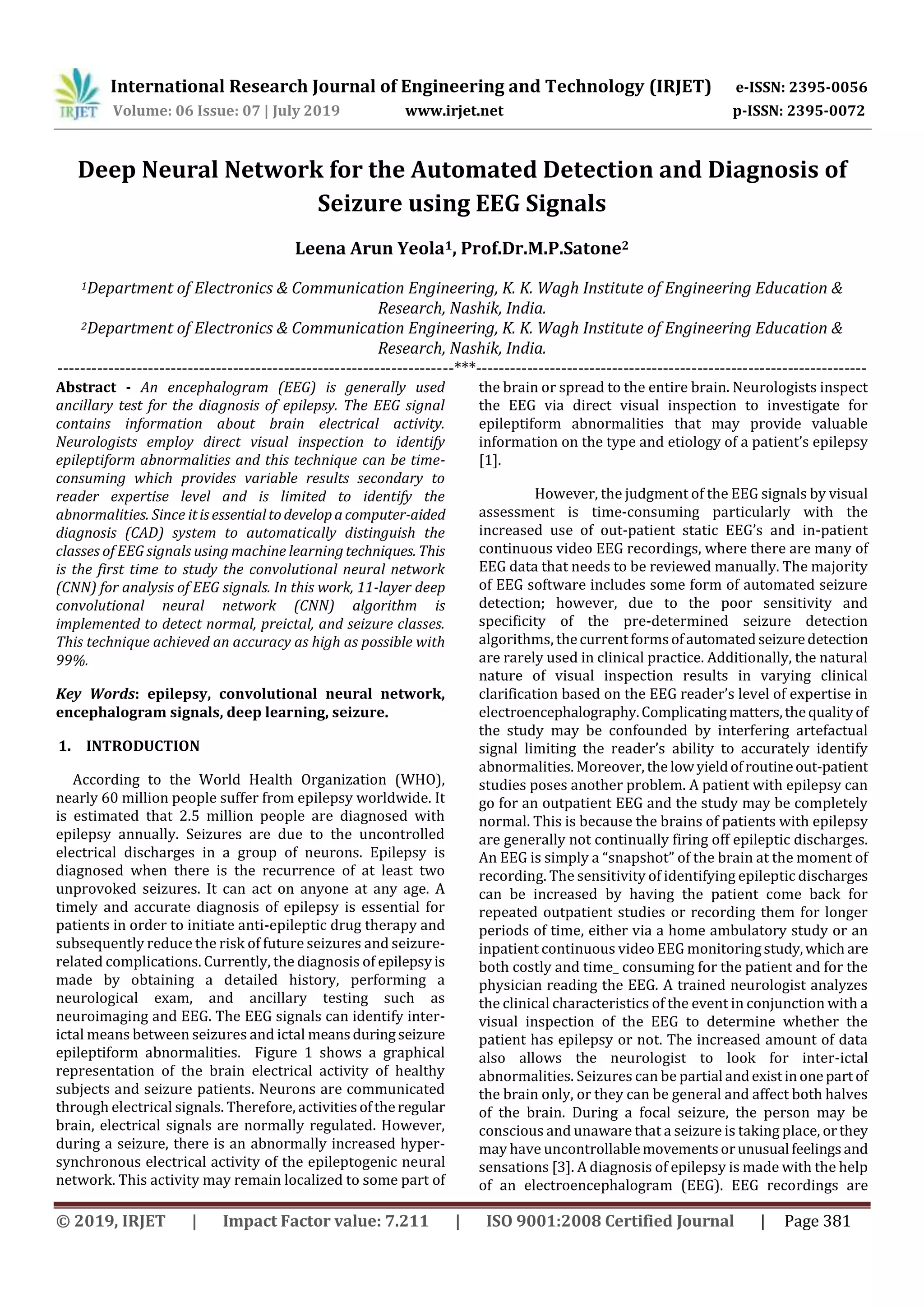 IRJET- Deep Neural Network for the Automated Detection and Diagnosis of Seizure using EEG ...