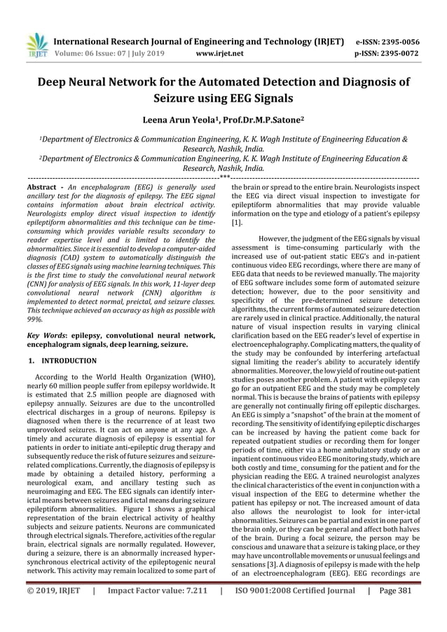 Irjet Deep Neural Network For The Automated Detection And Diagnosis Of Seizure Using Eeg