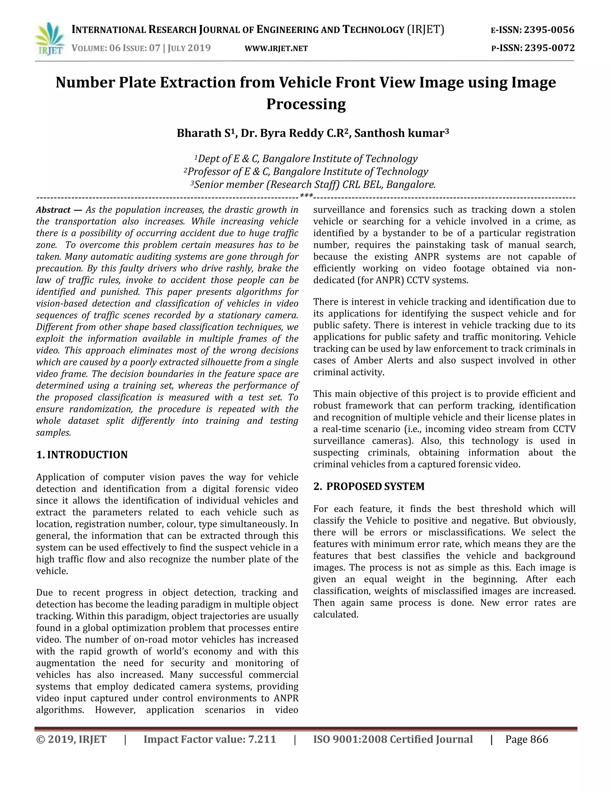 IRJET- Number Plate Extraction from Vehicle Front View Image using Image Processing | PDF