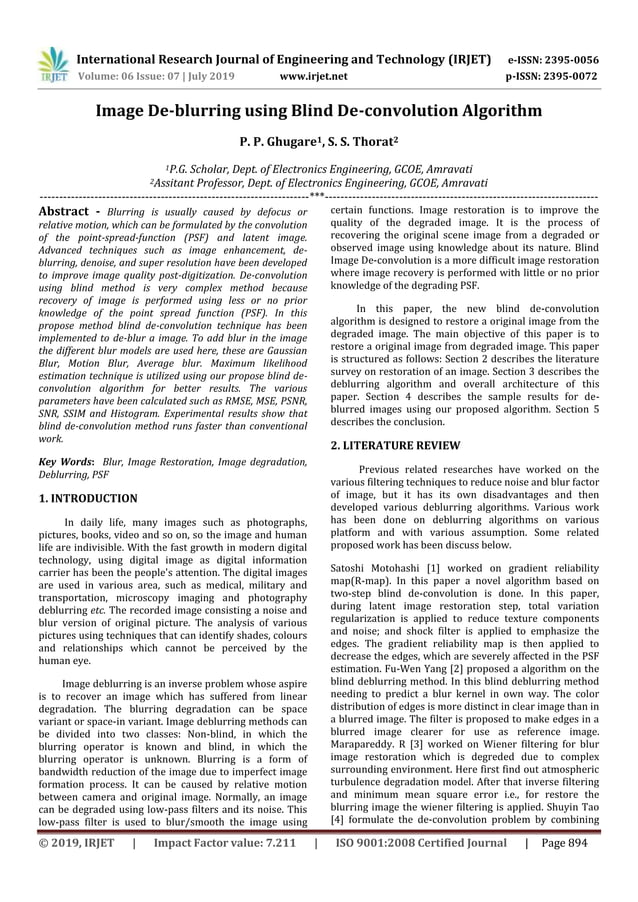 IRJET- Image De-Blurring using Blind De-Convolution Algorithm | PDF | Photo Editing Software ...