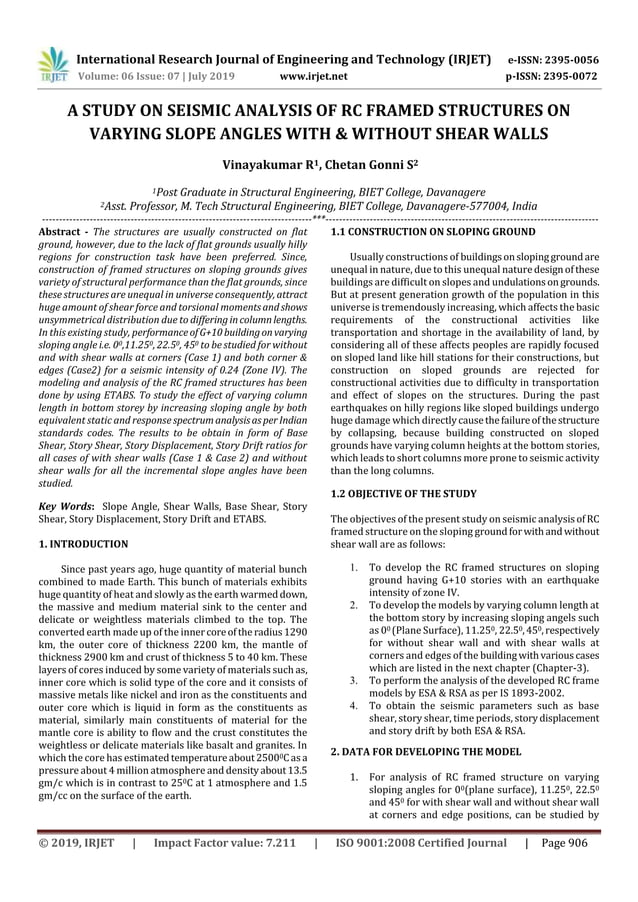 IRJET- A Study on Seismic Analysis of RC Framed Structures on Varying Slope Angles with ...
