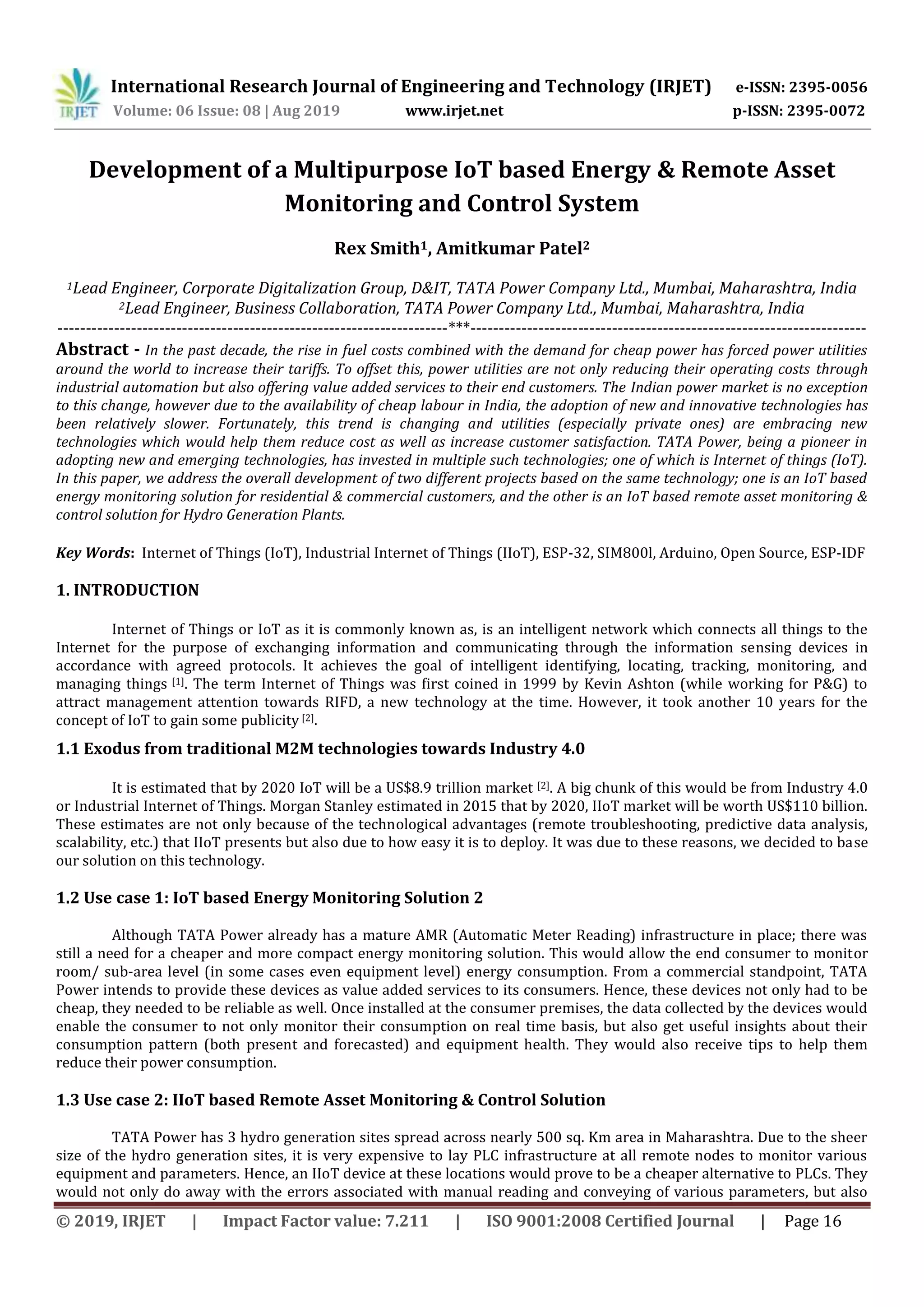 IRJET- Development of a Multipurpose IoT based Energy & Remote Asset Monitoring and Control ...