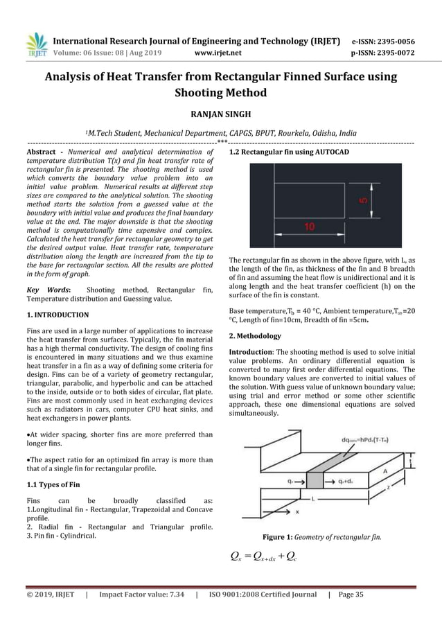 IRJET- Analysis of Heat Transfer from Rectangular Finned Surface using Shooting Method | PDF
