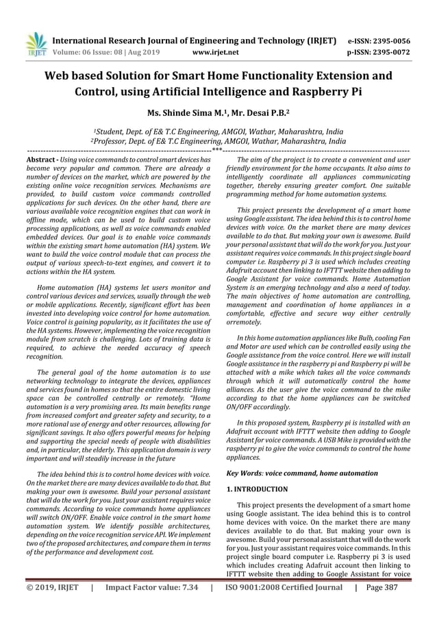 IRJET- Web based Solution for Smart Home Functionality Extension and Control, using Artificial ...