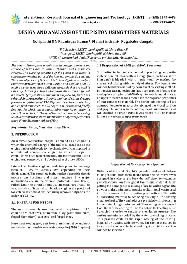 IRJET- Design and Analysis of the Piston using Three Materials | PDF