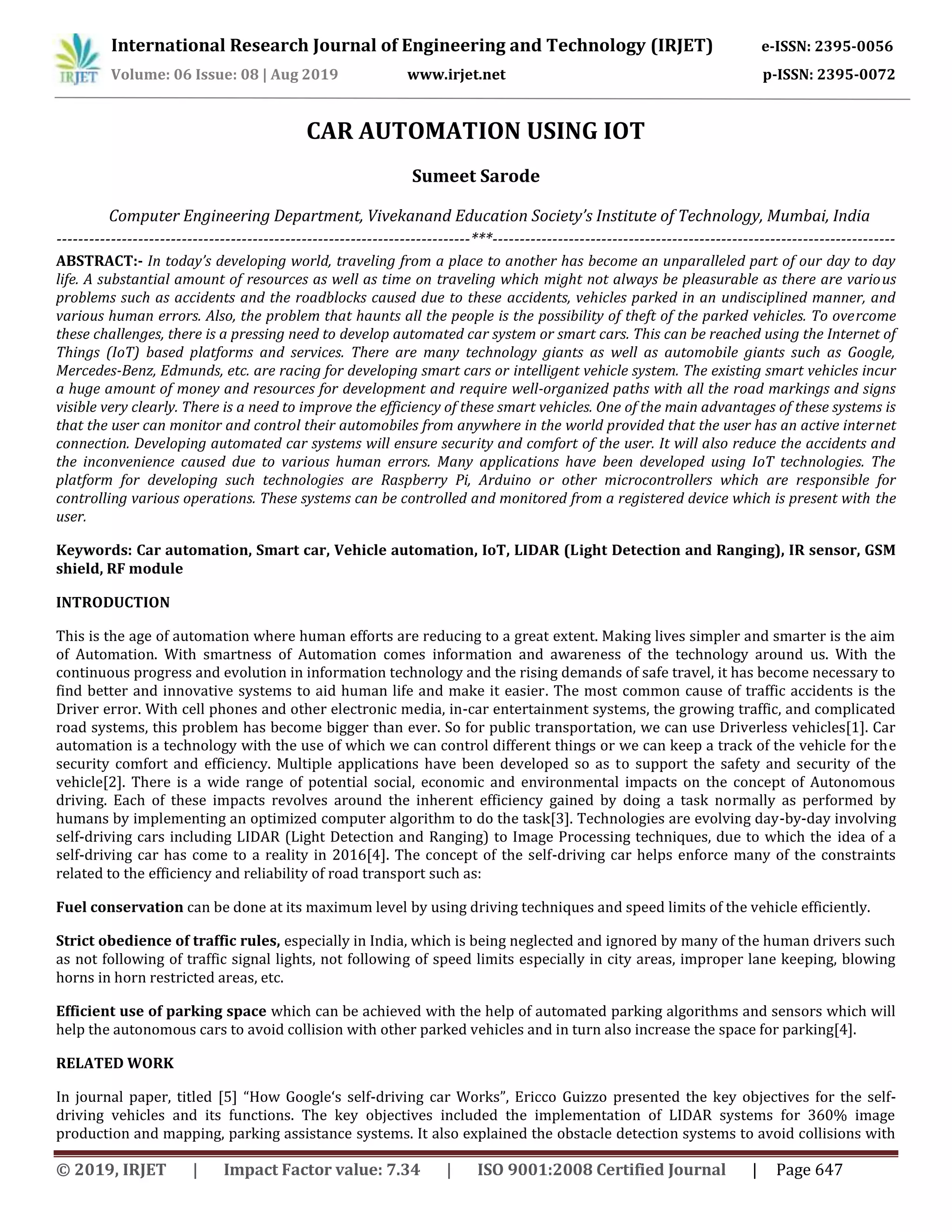 IRJET- Car Automation using IoT | PDF | Internet | Computing
