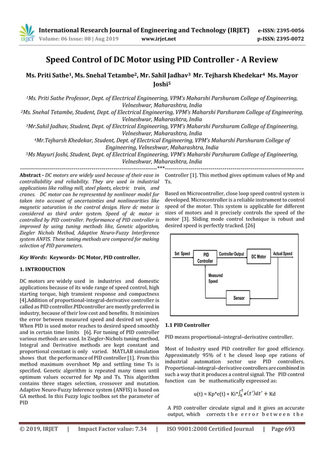IRJET- Speed Control of DC Motor using PID Controller - A Review | PDF