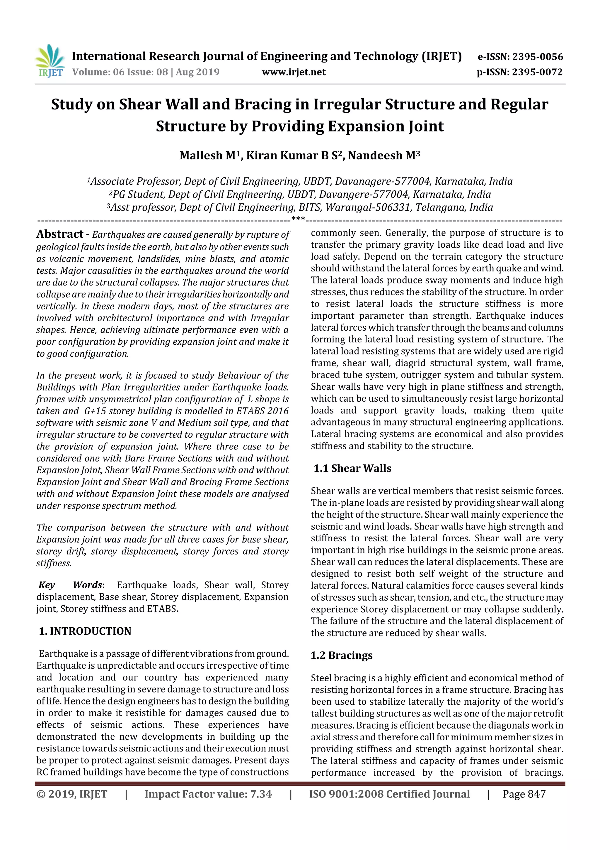 IRJET- Study on Shear Wall and Bracing in Irregular Structure and ...