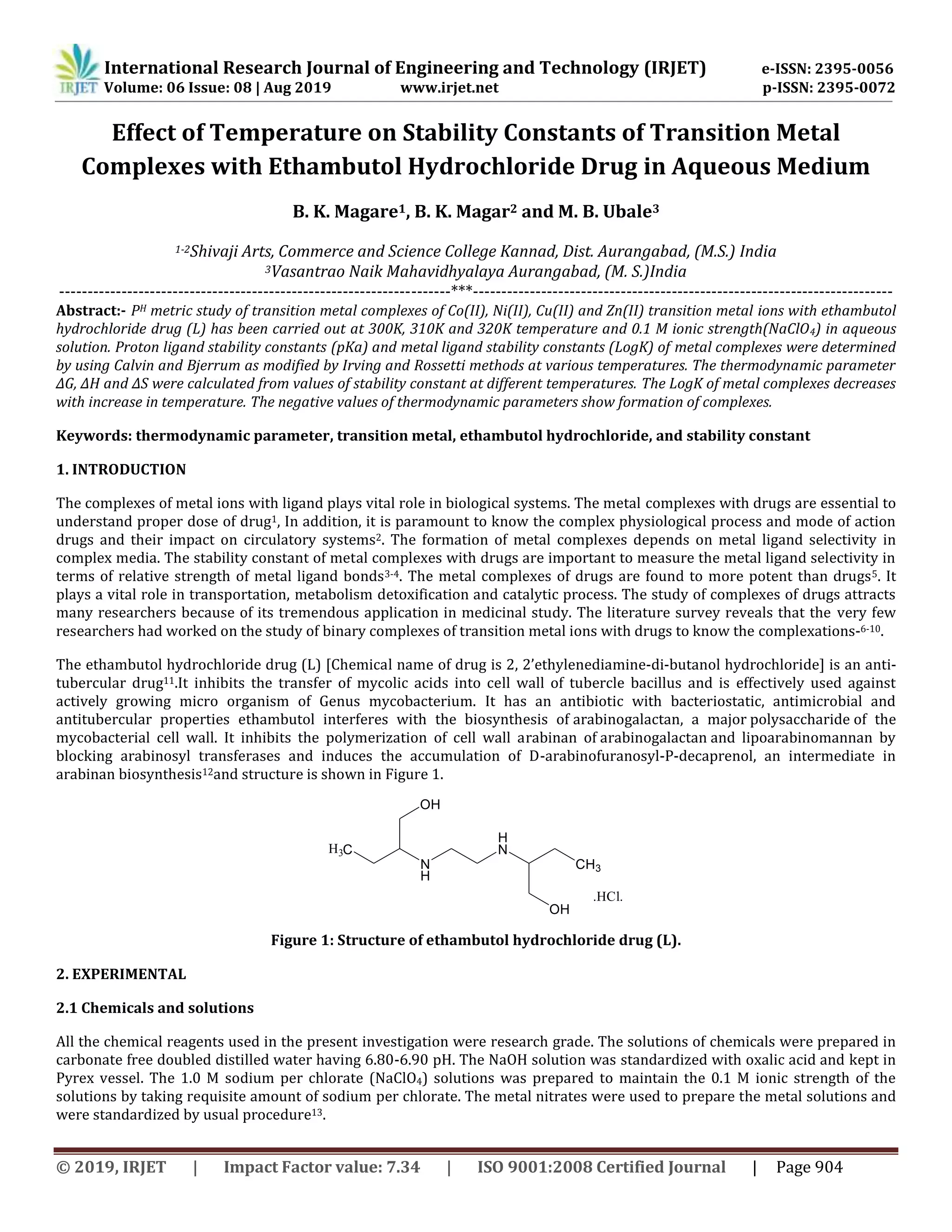 IRJET- Effect of Temperature on Stability Constants of Transition Metal Complexes with ...
