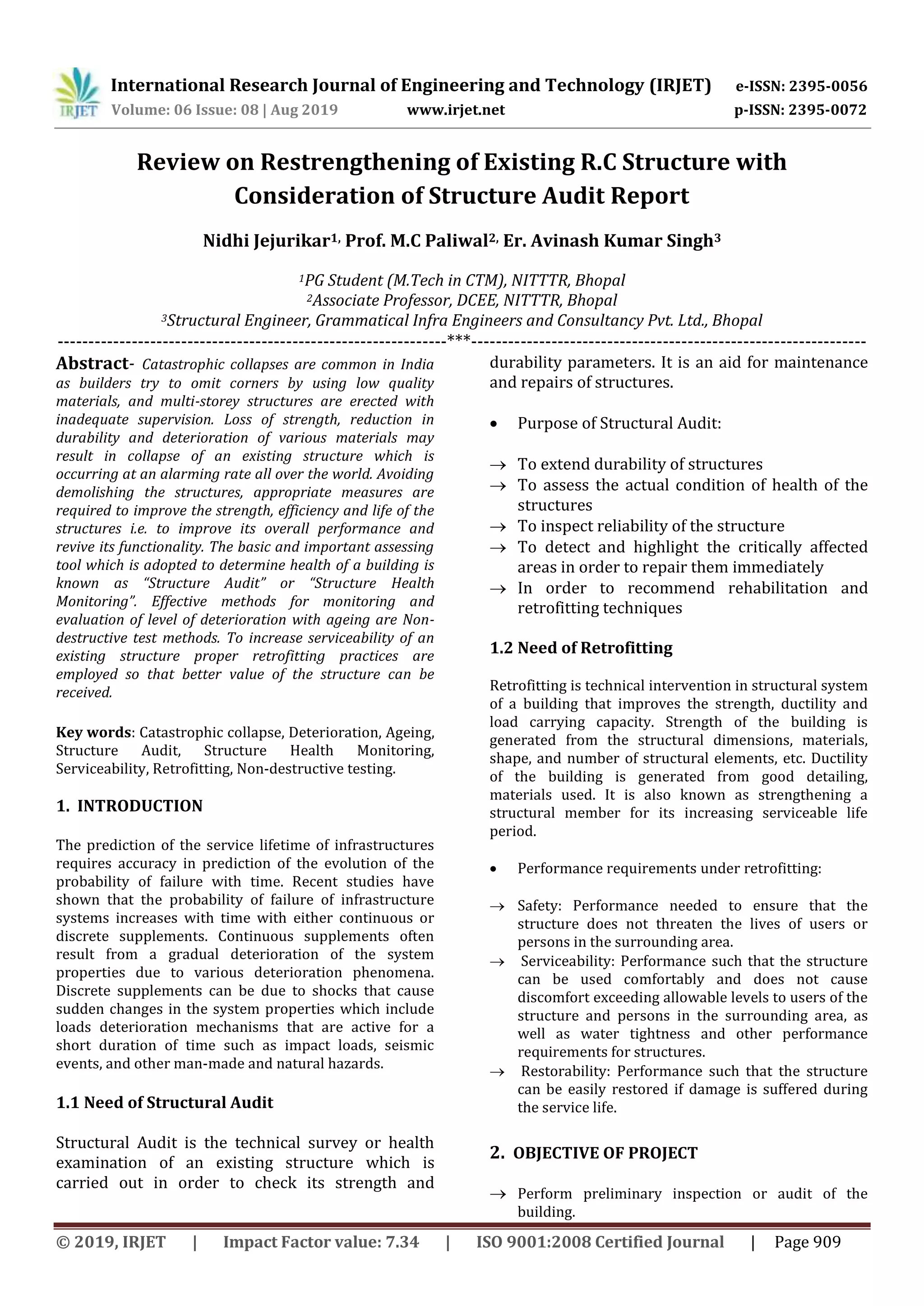 IRJET- Review on Restrengthening of Existing R.C Structure with Consideration of Structure Audit ...