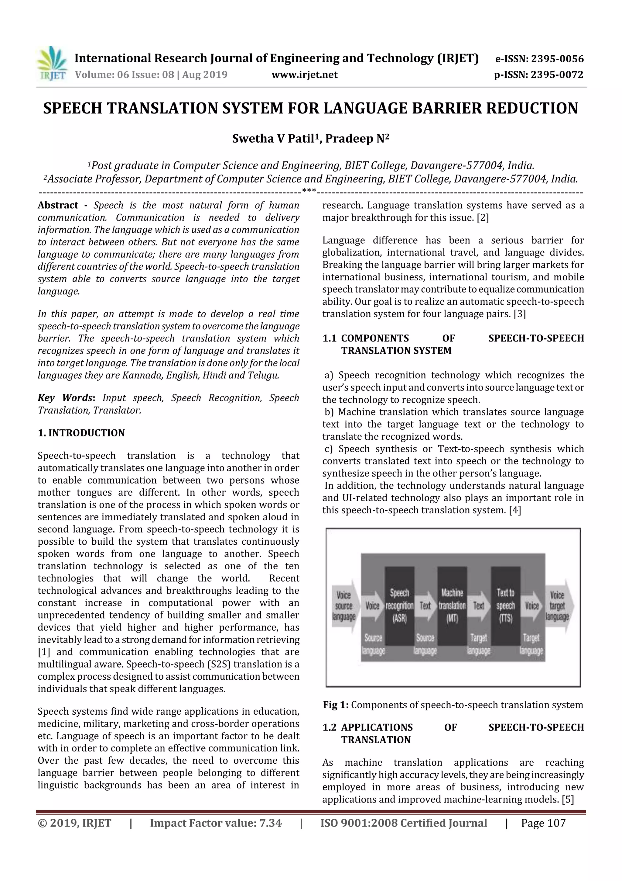 IRJET- Speech Translation System for Language Barrier Reduction | PDF