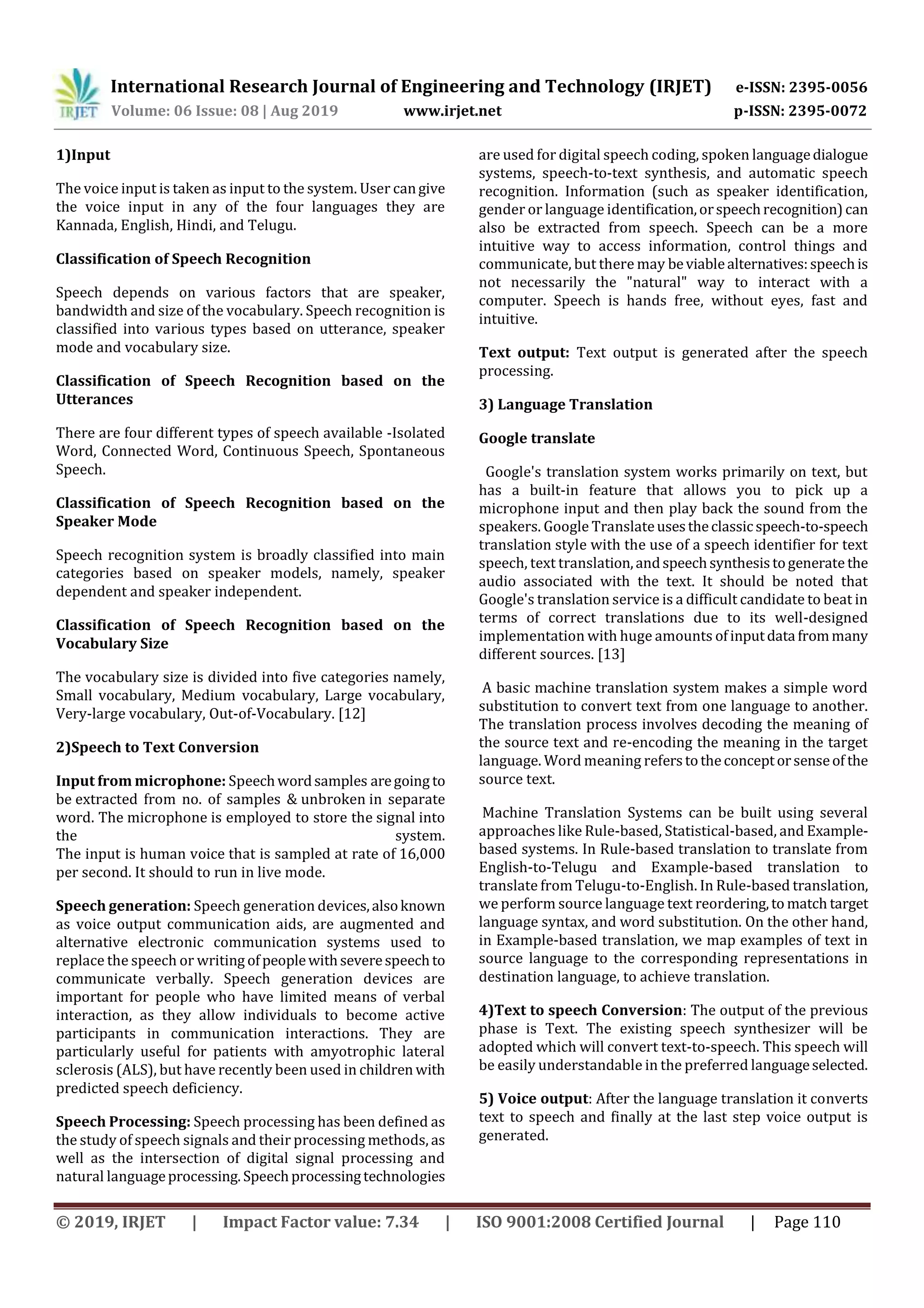 IRJET- Speech Translation System for Language Barrier Reduction | PDF