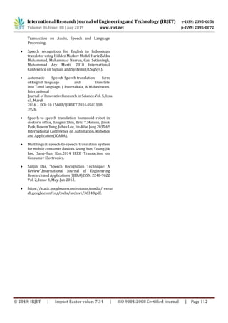 IRJET- Speech Translation System for Language Barrier Reduction | PDF