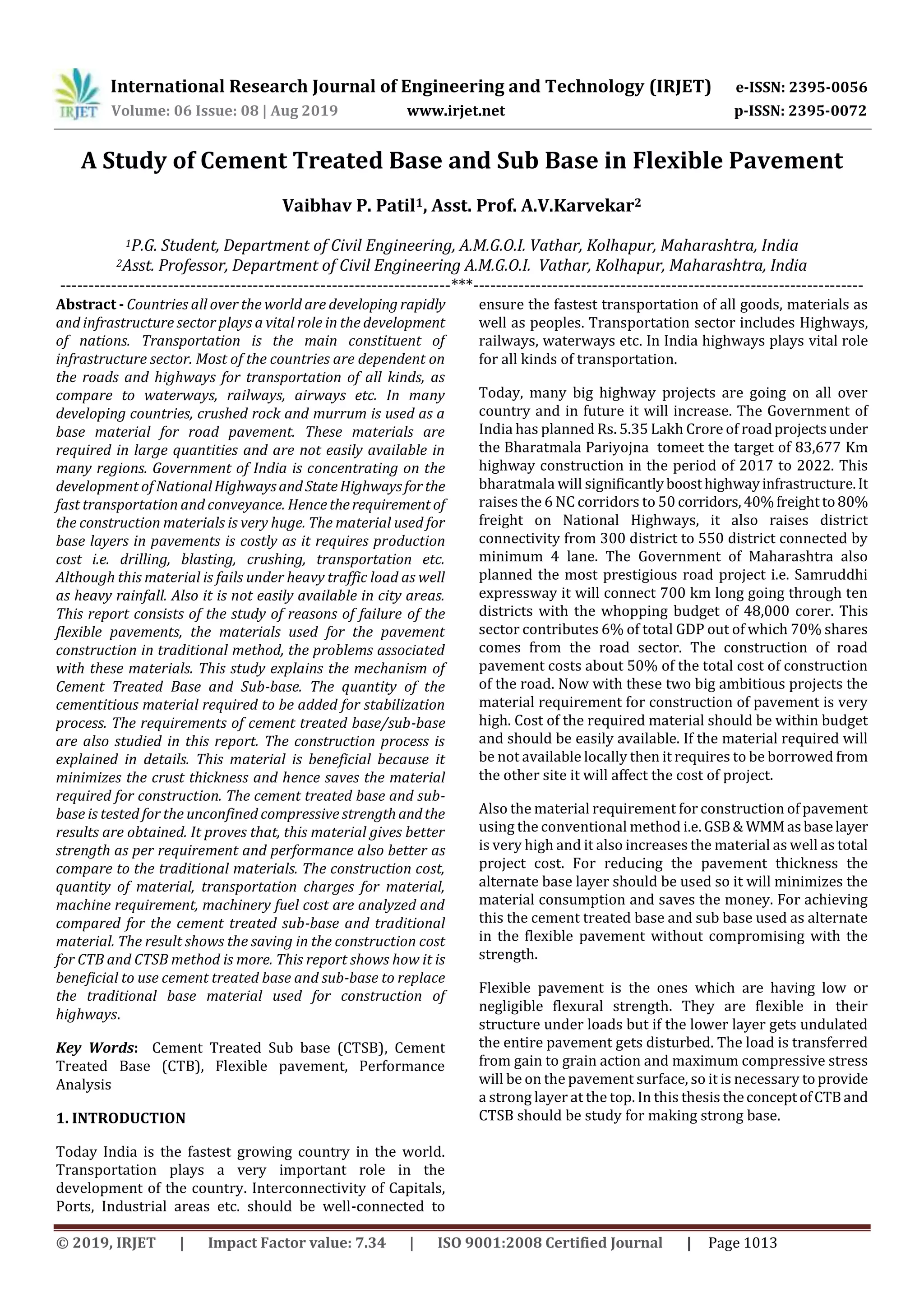 IRJET- A Study of Cement Treated Base and Sub Base in Flexible Pavement ...