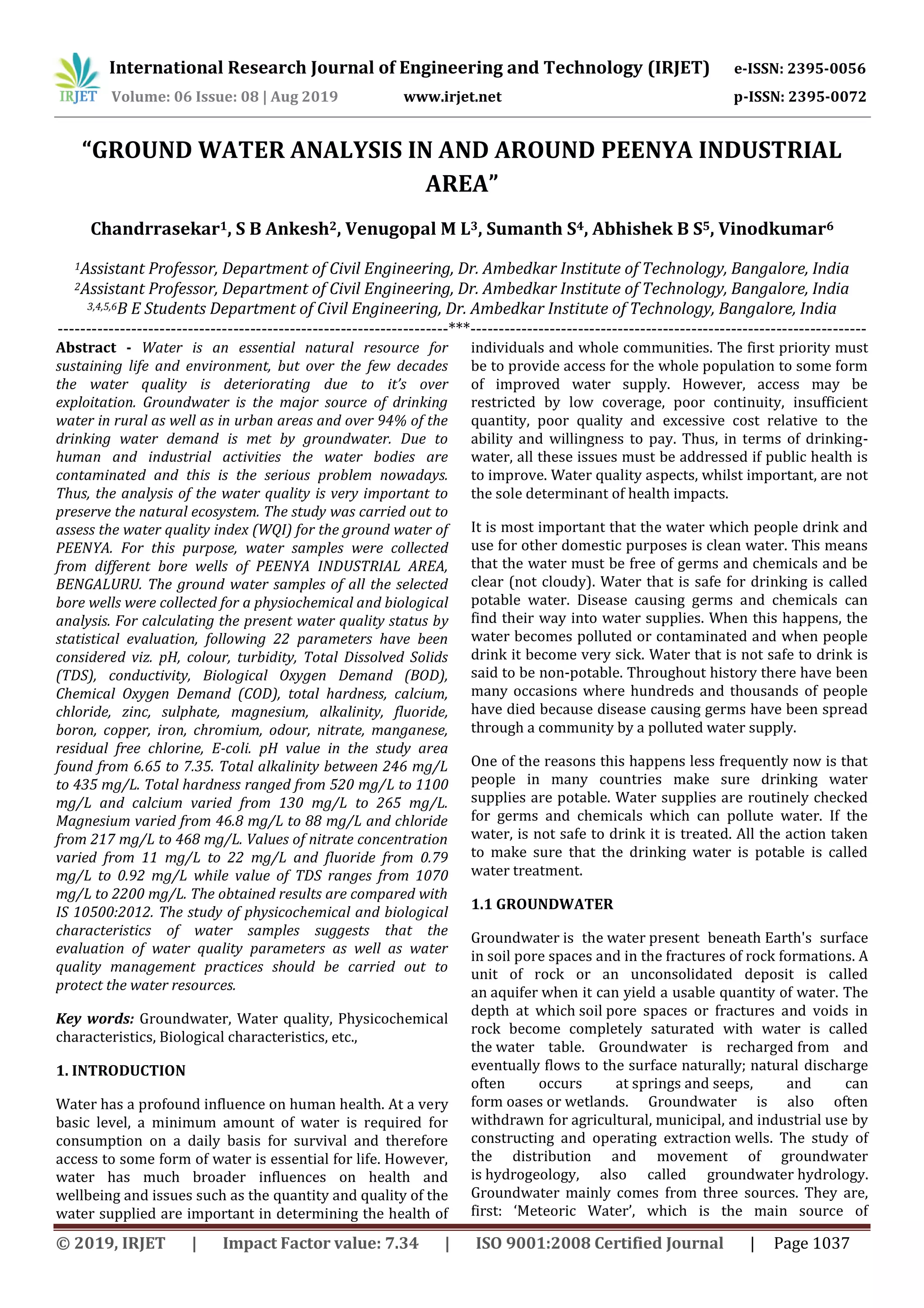 IRJET- Ground Water Analysis in and Around Peenya Industrial Area | PDF