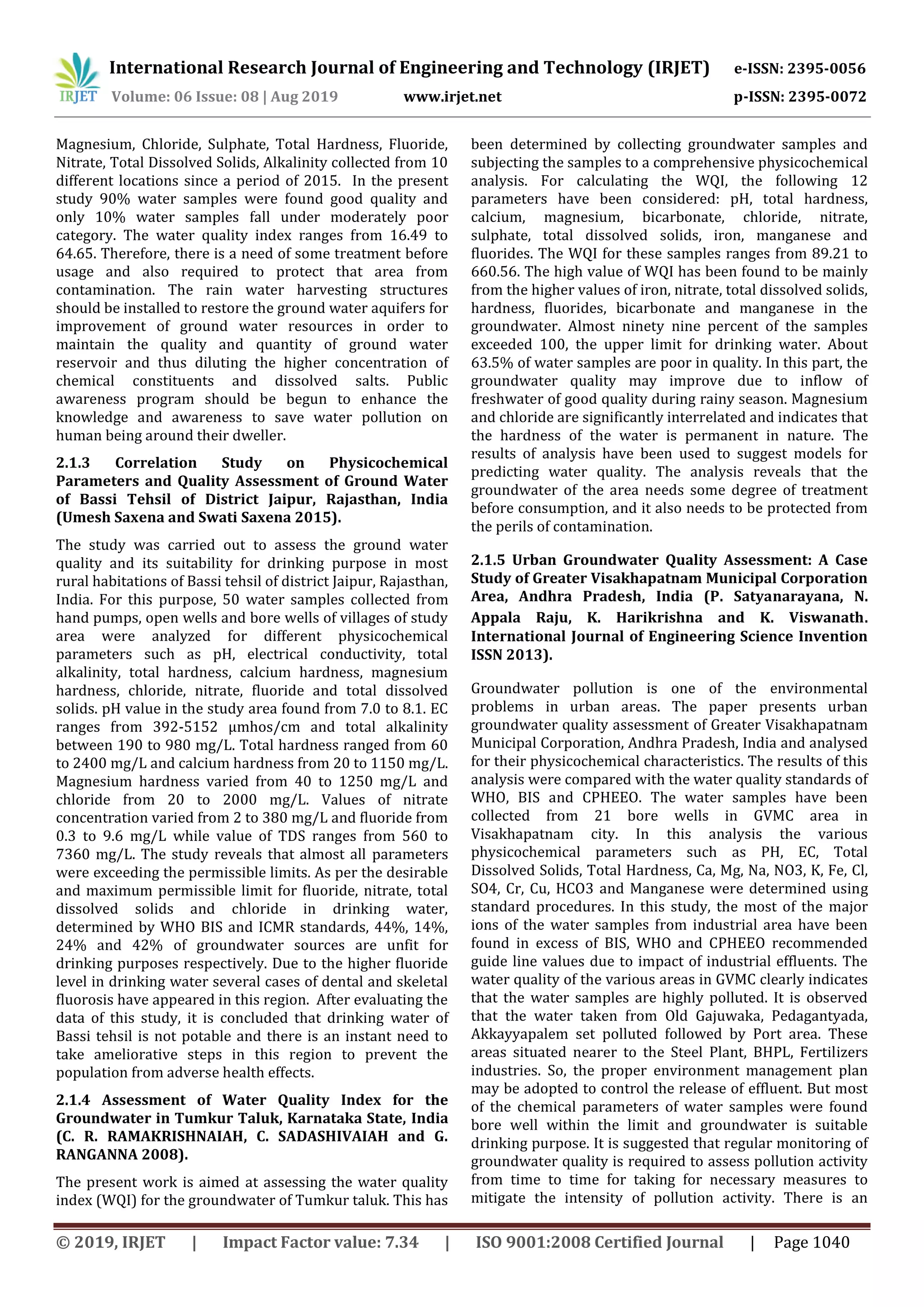 IRJET- Ground Water Analysis in and Around Peenya Industrial Area | PDF
