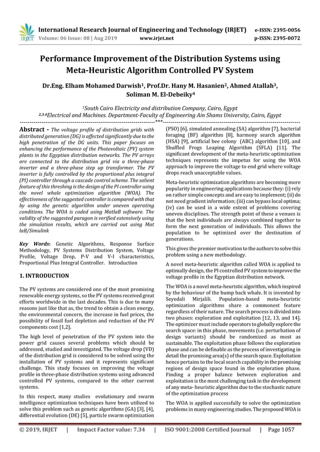 IRJET- Performance Improvement of the Distribution Systems using Meta-Heuristic Algorithm ...