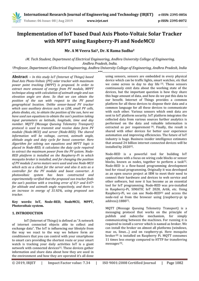 Irjet Implementation Of Iot Based Dual Axis Photo Voltaic Solar Tracker With Mppt Using