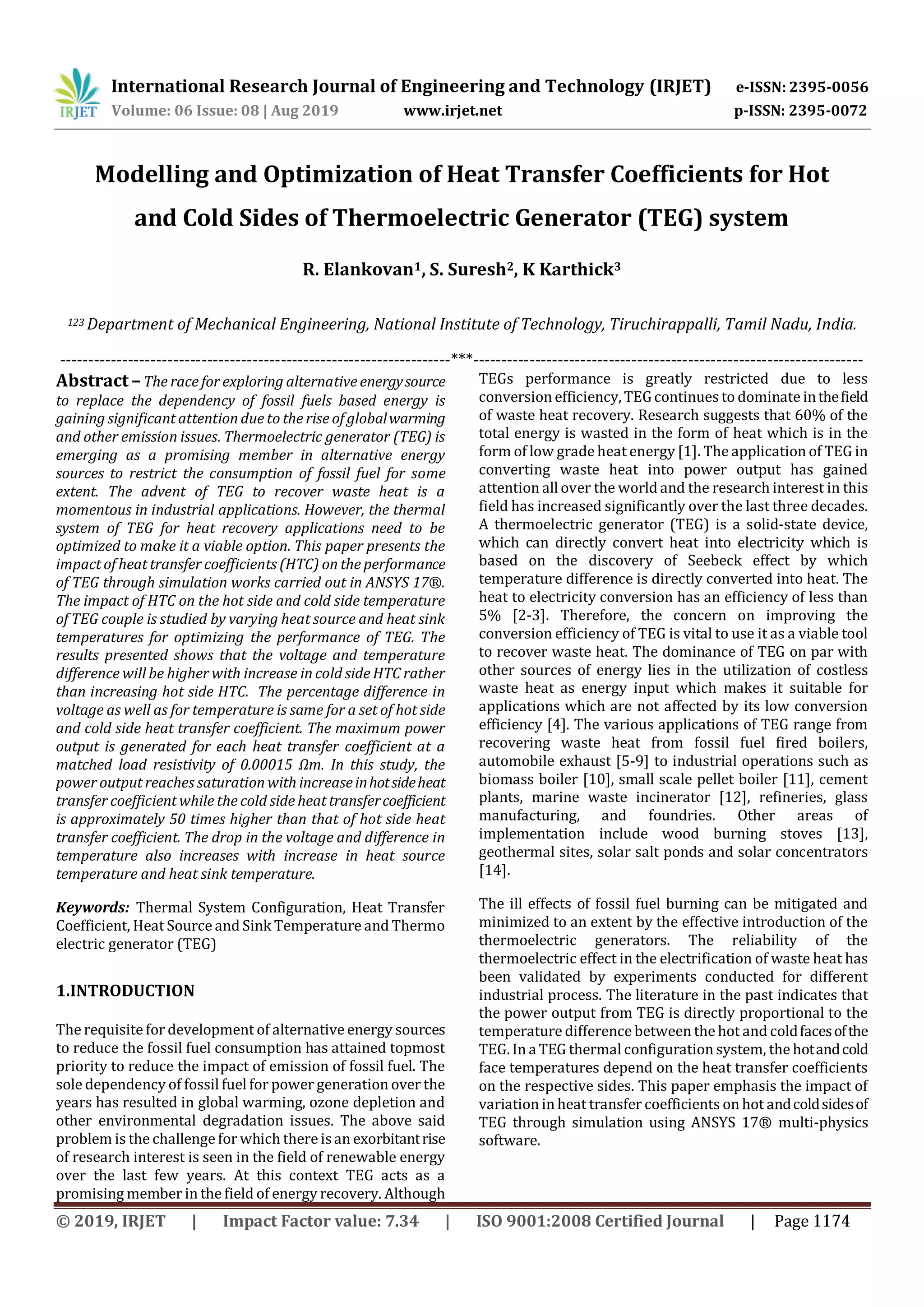 IRJET- Modelling and Optimization of Heat Transfer Coefficients for Hot and Cold Sides of ...