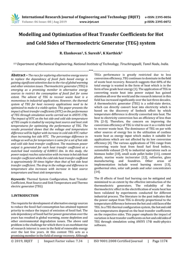 IRJET- Modelling and Optimization of Heat Transfer Coefficients for Hot and Cold Sides of ...