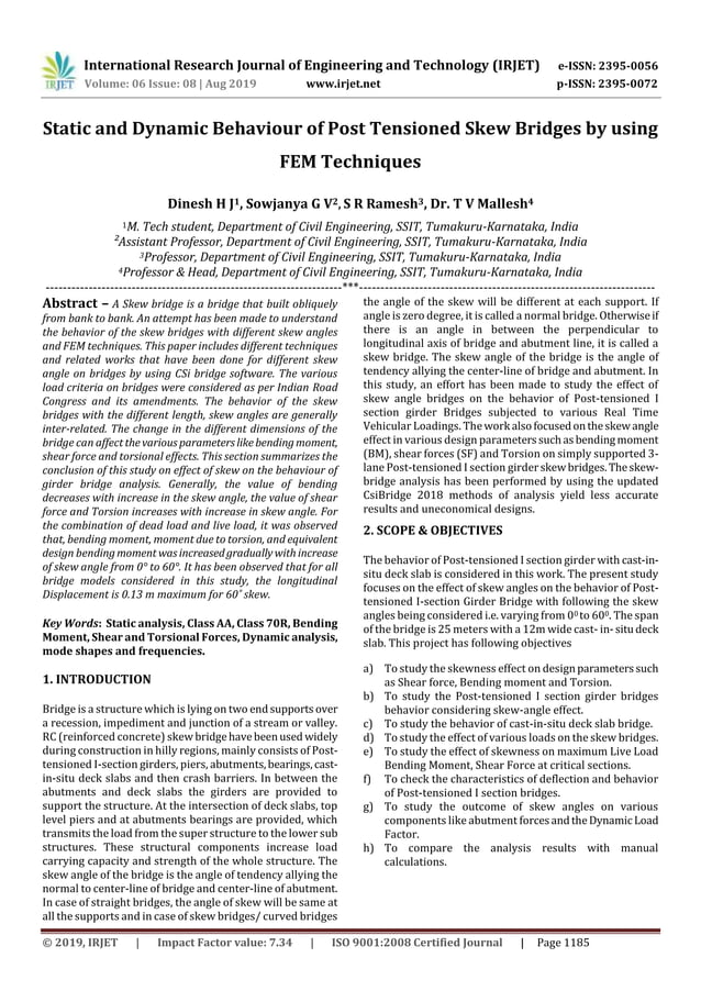IRJET- Static and Dynamic Behaviour of Post Tensioned Skew Bridges by using FEM Techniques | PDF ...