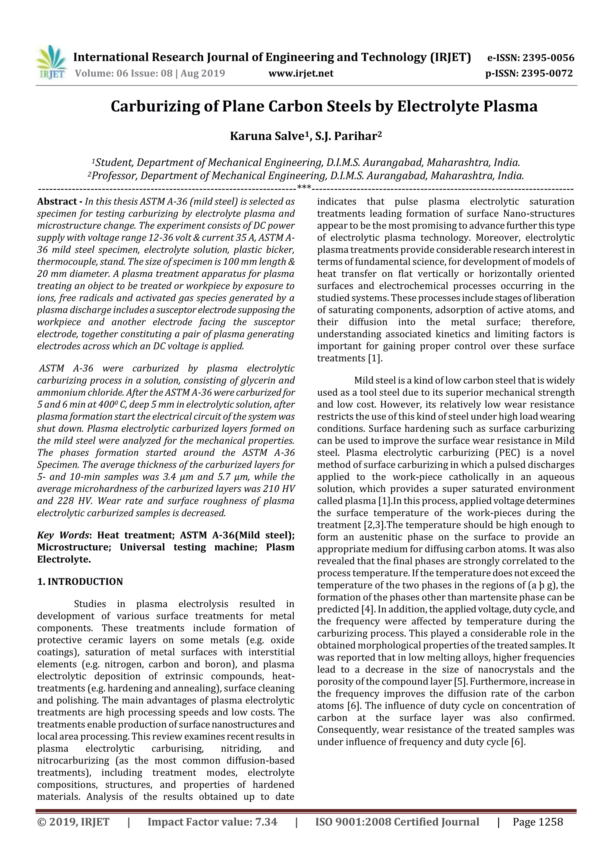 IRJET- Carburizing of Plane Carbon Steels by Electrolyte Plasma | PDF