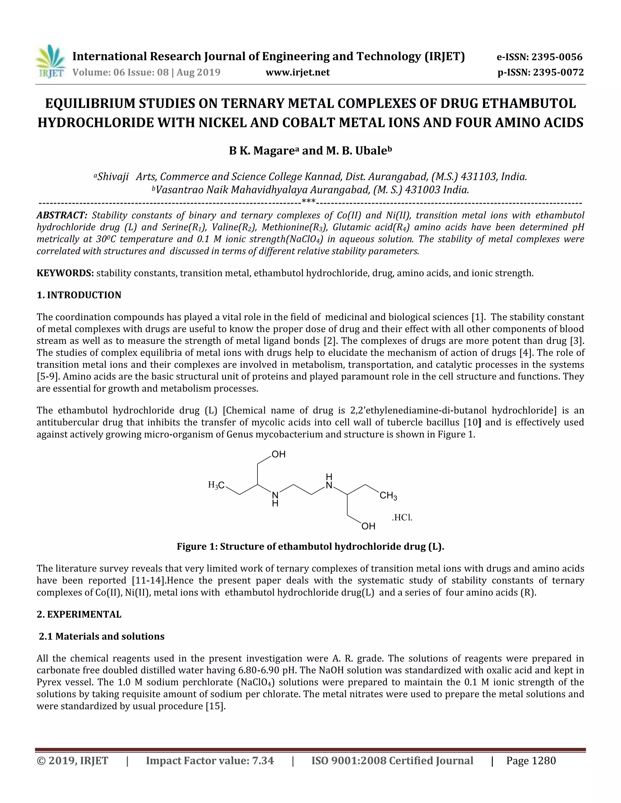 IRJET- Equilibrium Studies on Ternary Metal Complexes of Drug ...