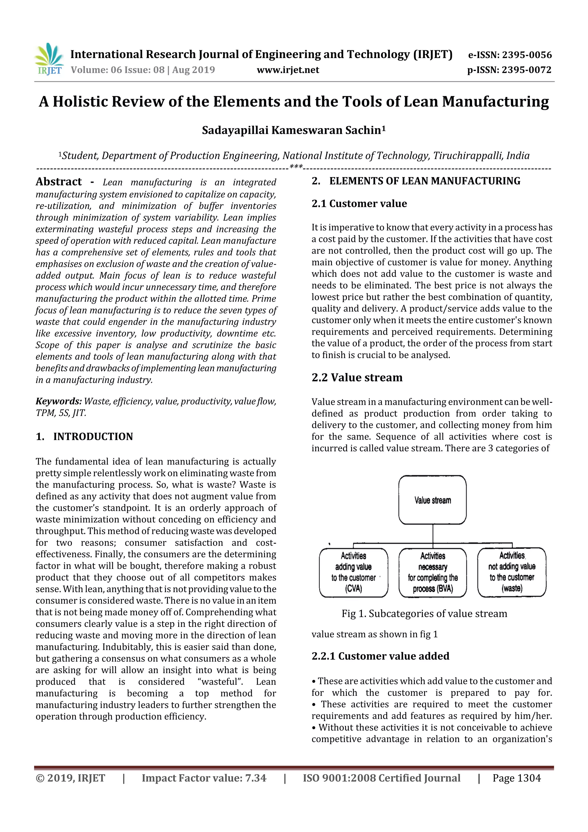 IRJET- A Holistic Review of the Elements and the Tools of Lean Manufacturing | PDF