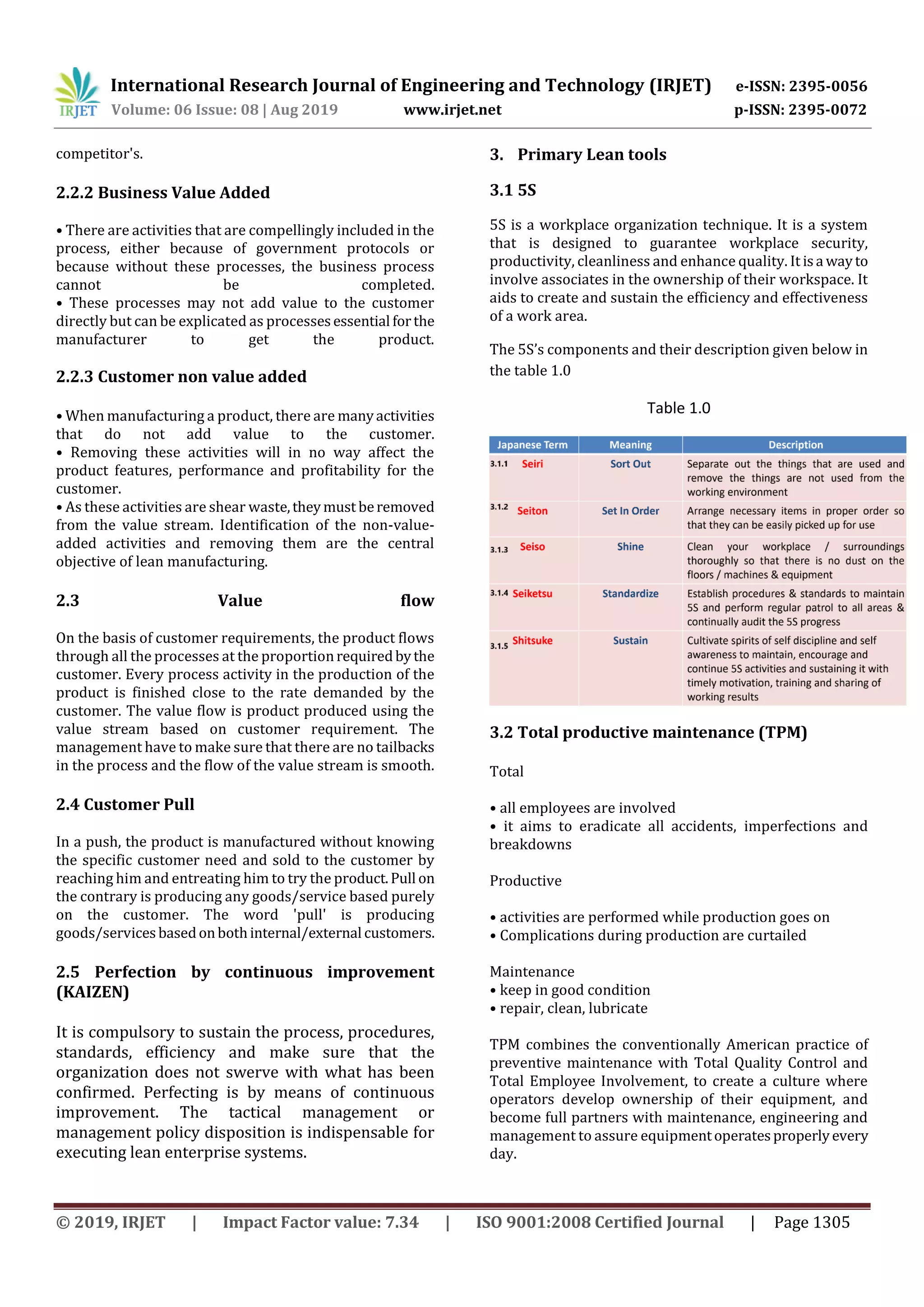IRJET- A Holistic Review of the Elements and the Tools of Lean Manufacturing | PDF