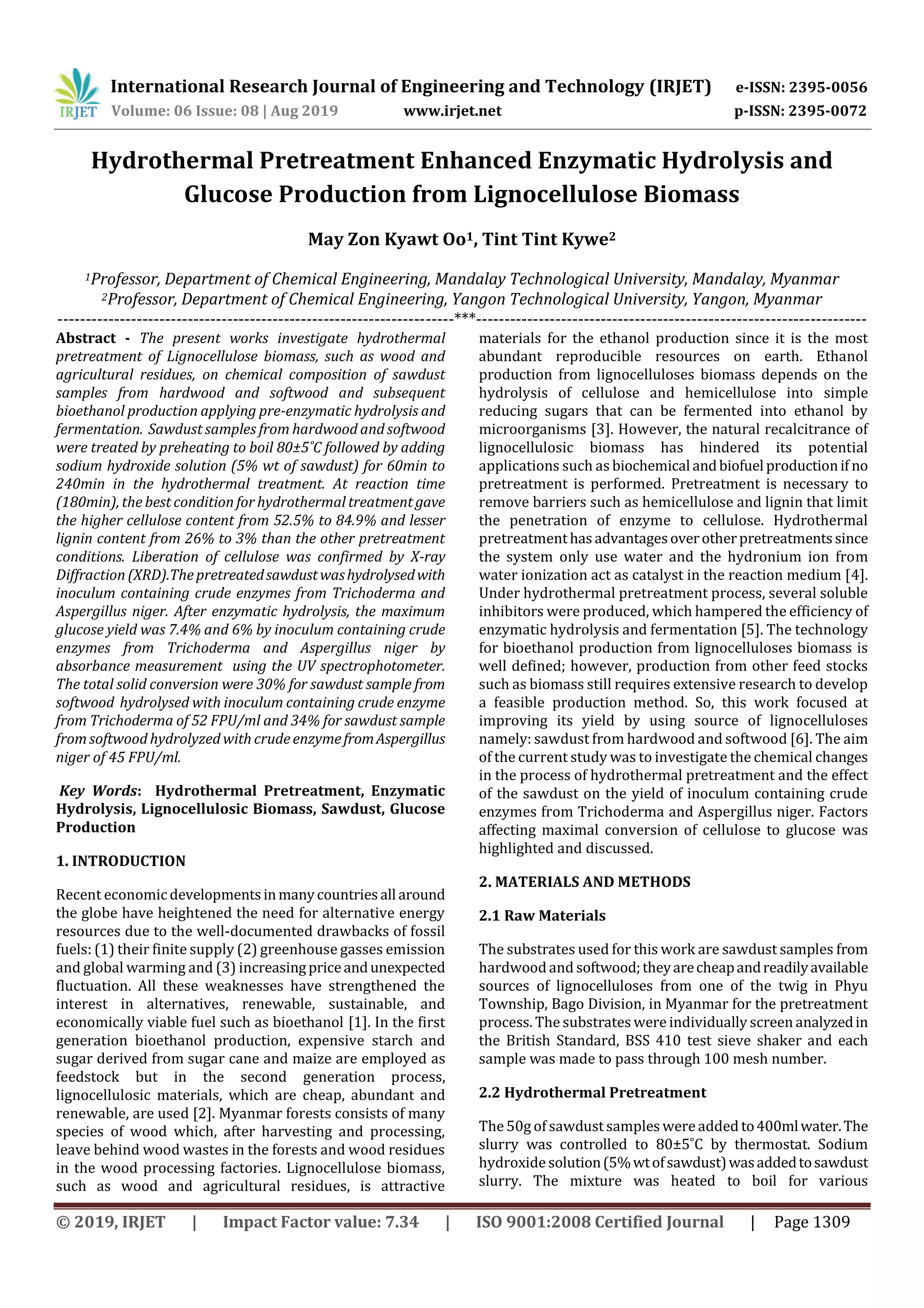 IRJET- Hydrothermal Pretreatment Enhanced Enzymatic Hydrolysis and Glucose Production from ...