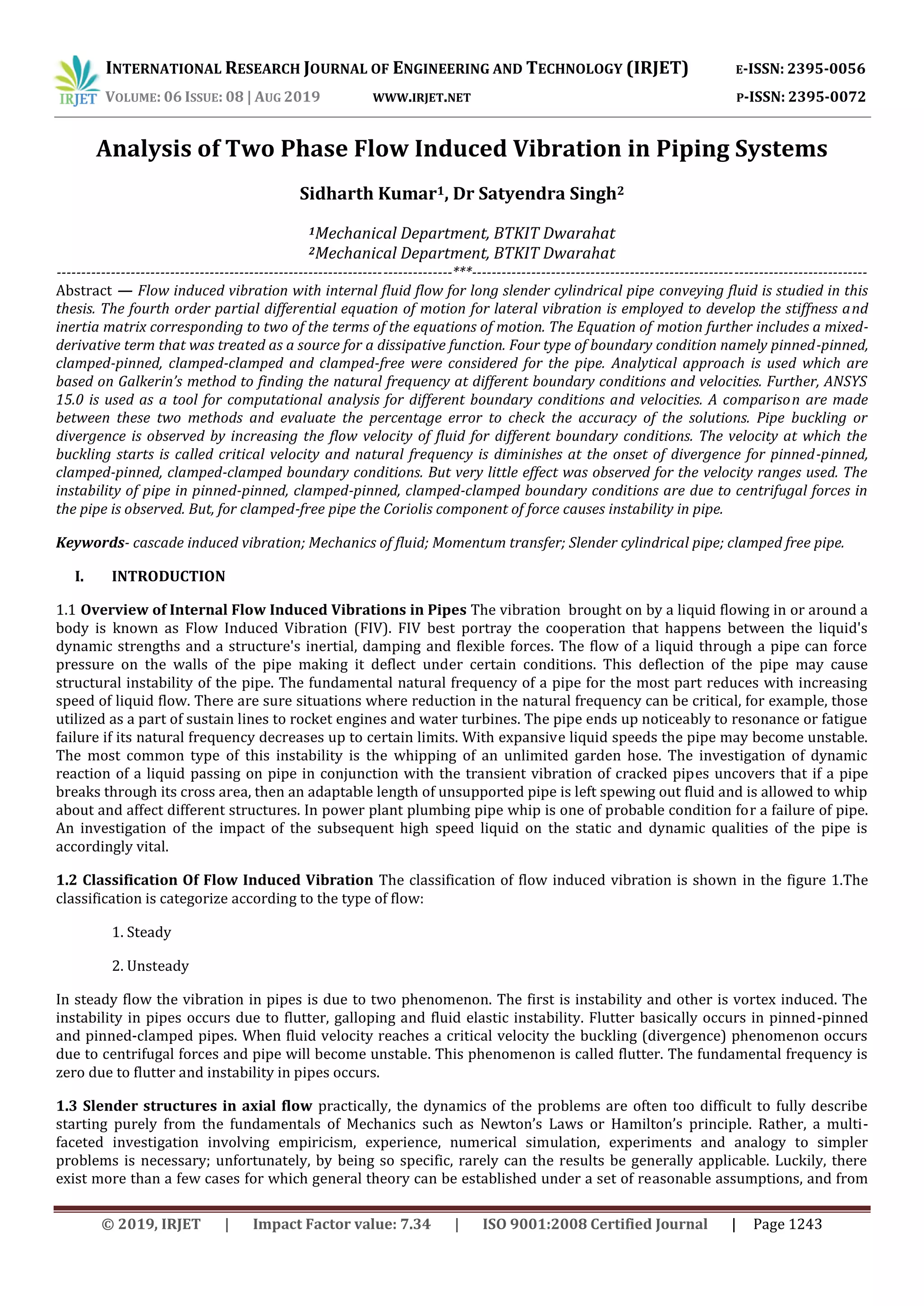 IRJET- Analysis of Two Phase Flow Induced Vibration in Piping Systems | PDF