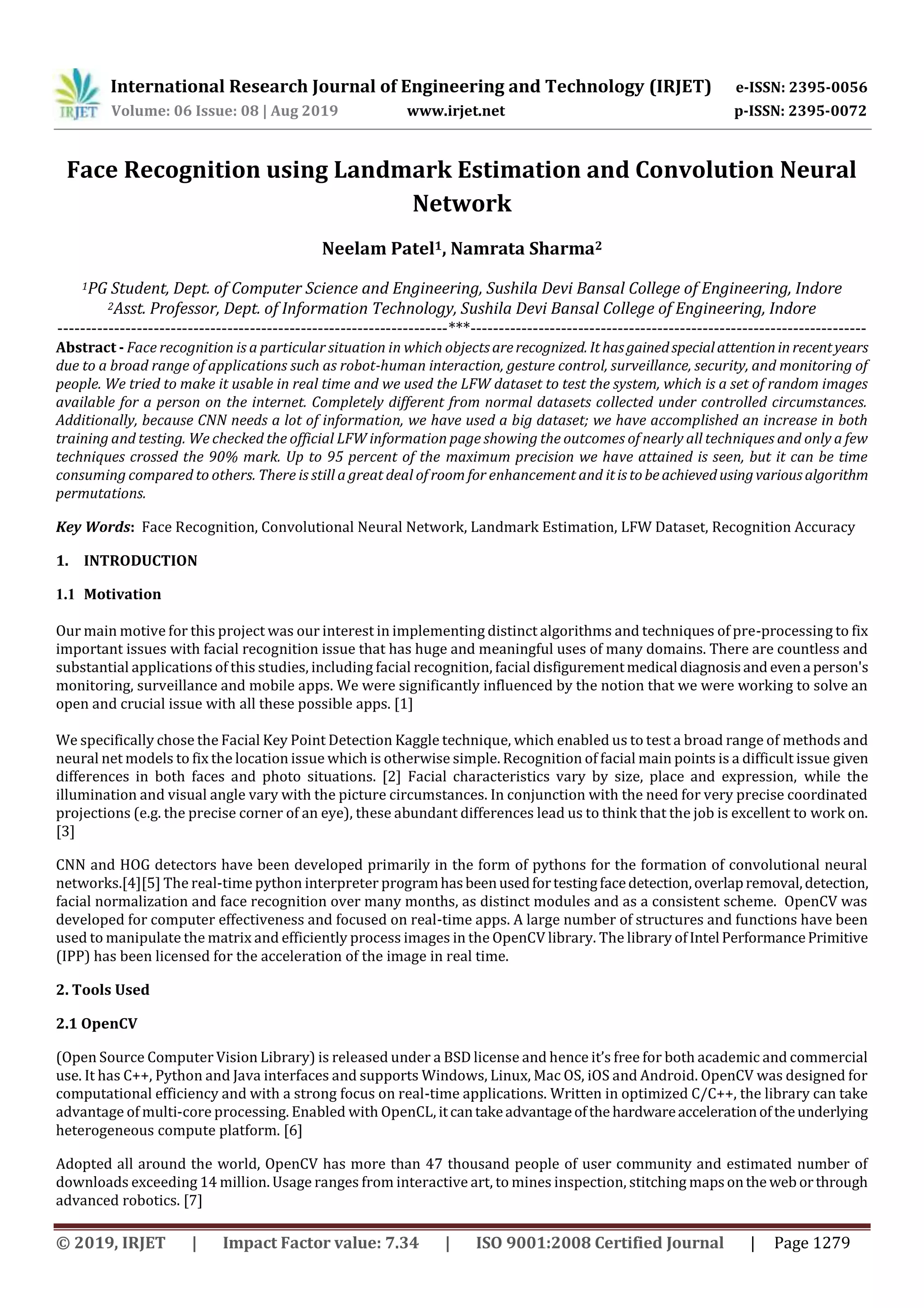 IRJET- Face Recognition using Landmark Estimation and Convolution Neural Network | PDF