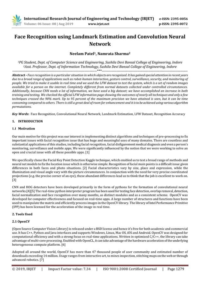 IRJET- Face Recognition using Landmark Estimation and Convolution Neural Network | PDF