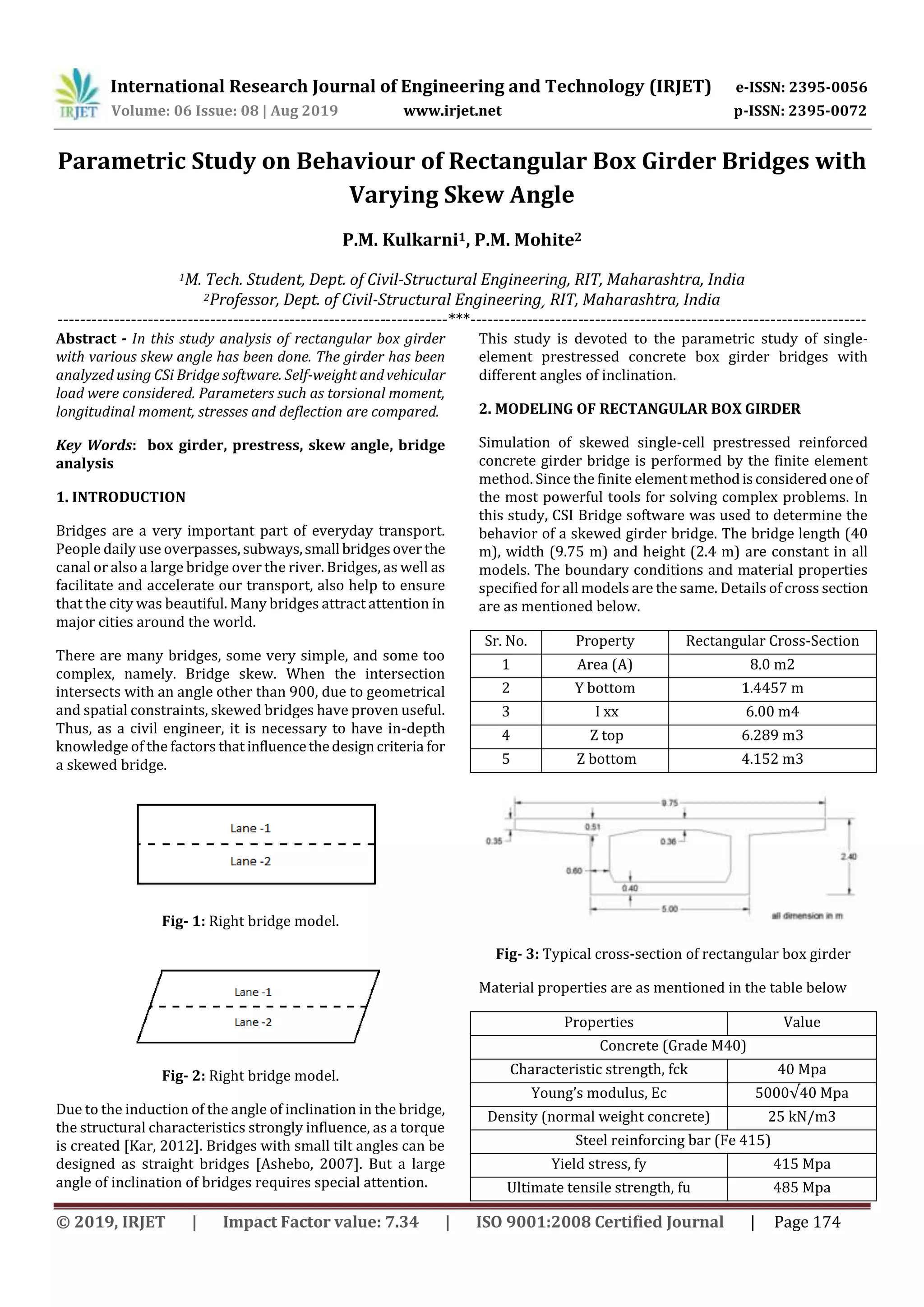 IRJET- Parametric Study on Behaviour of Rectangular Box Girder Bridges with Varying Skew Angle | PDF