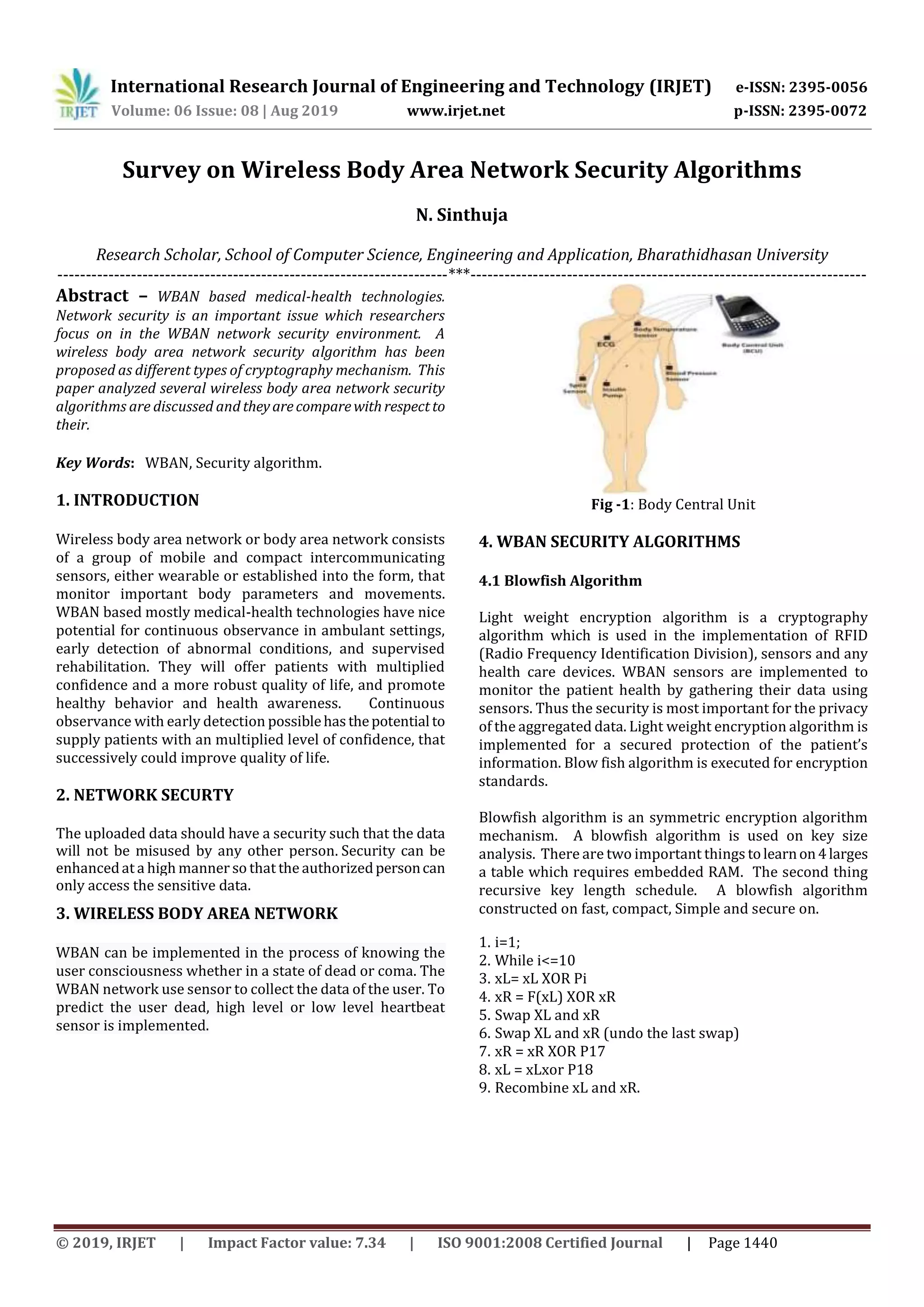 IRJET- Survey on Wireless Body Area Network Security Algorithms | PDF