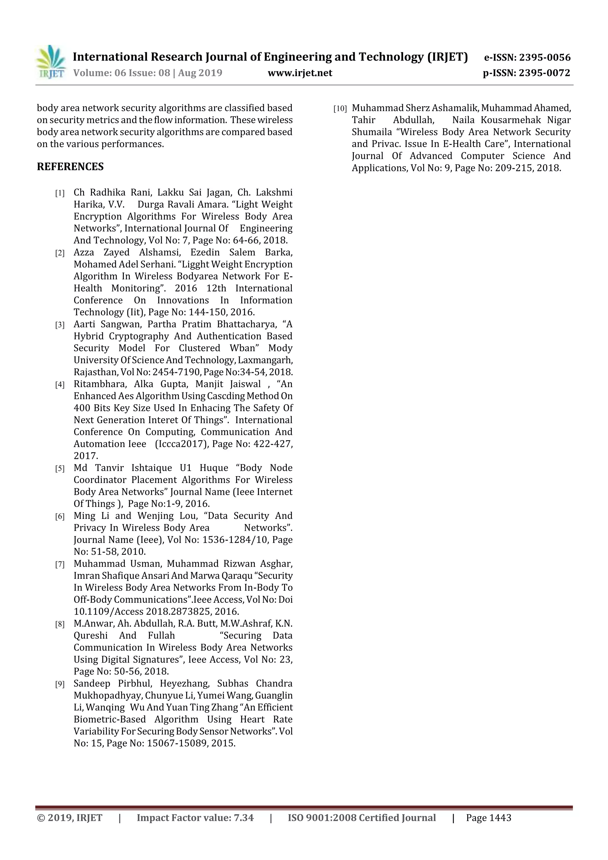 Irjet Survey On Wireless Body Area Network Security Algorithms Pdf