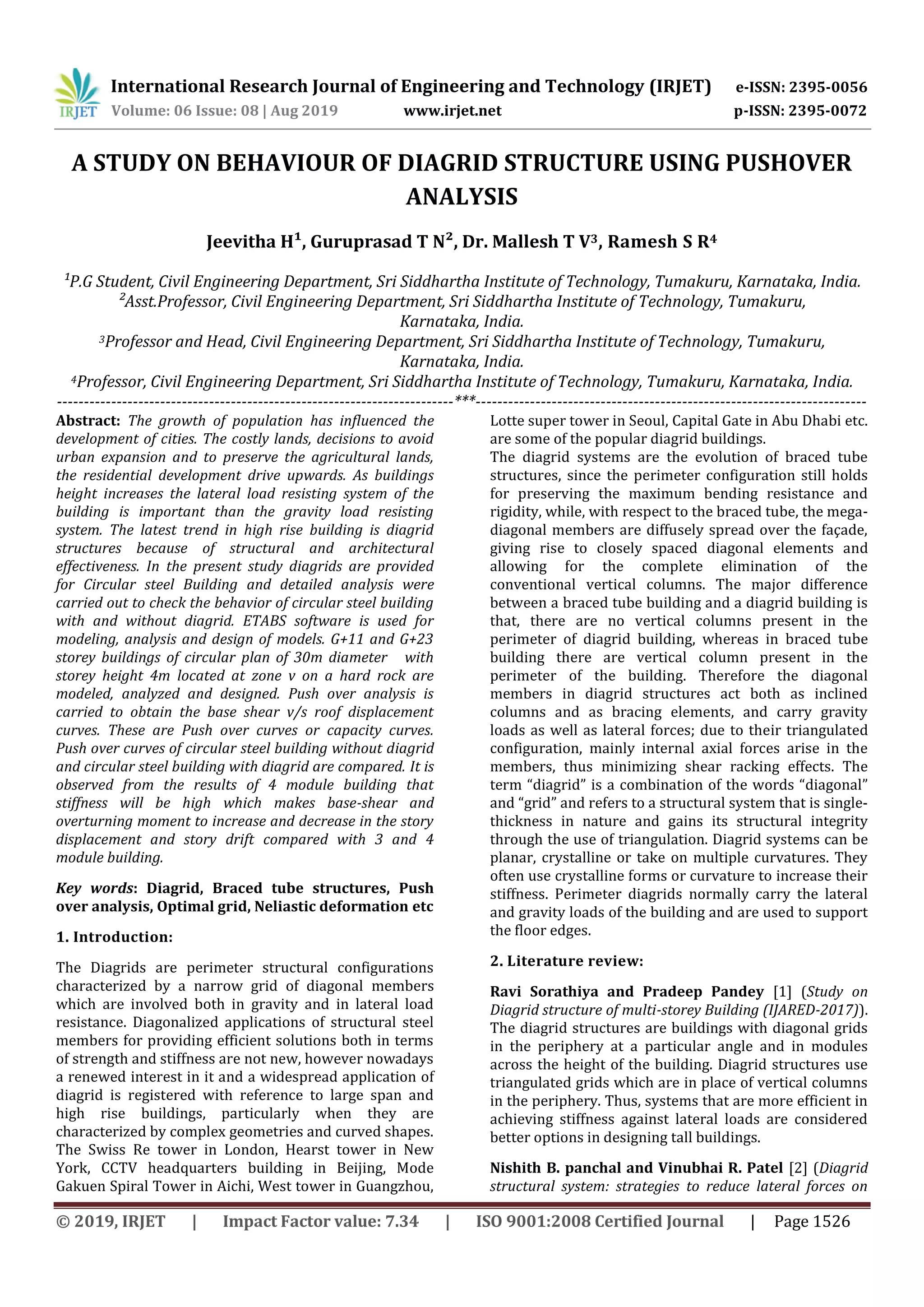 IRJET- A Study on Behaviour of Diagrid Structure using Pushover Analysis | PDF