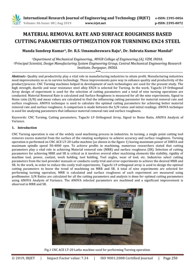 IRJET- Material Removal Rate and Surface Roughness based Cutting Parameters Optimization for ...