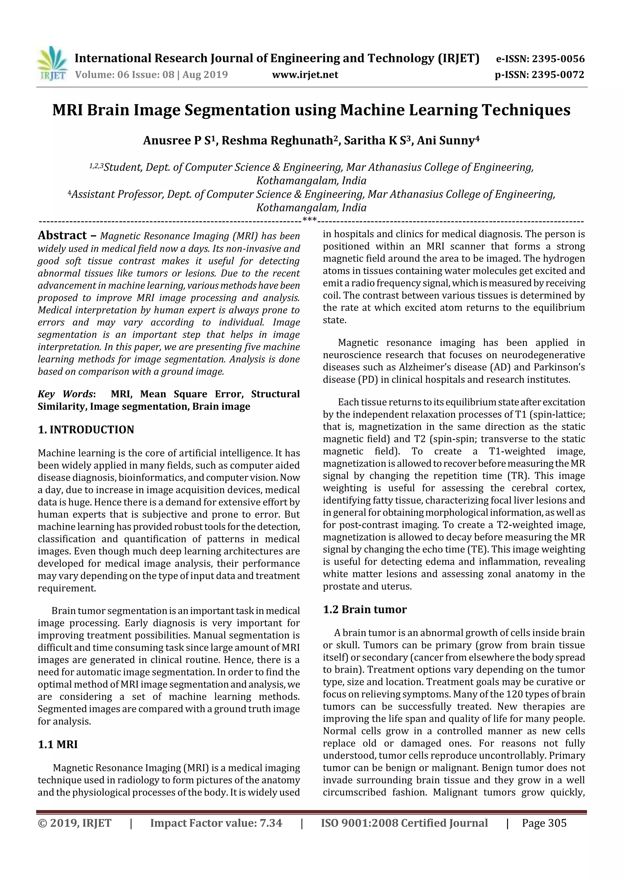 IRJET- MRI Brain Image Segmentation using Machine Learning Techniques | PDF