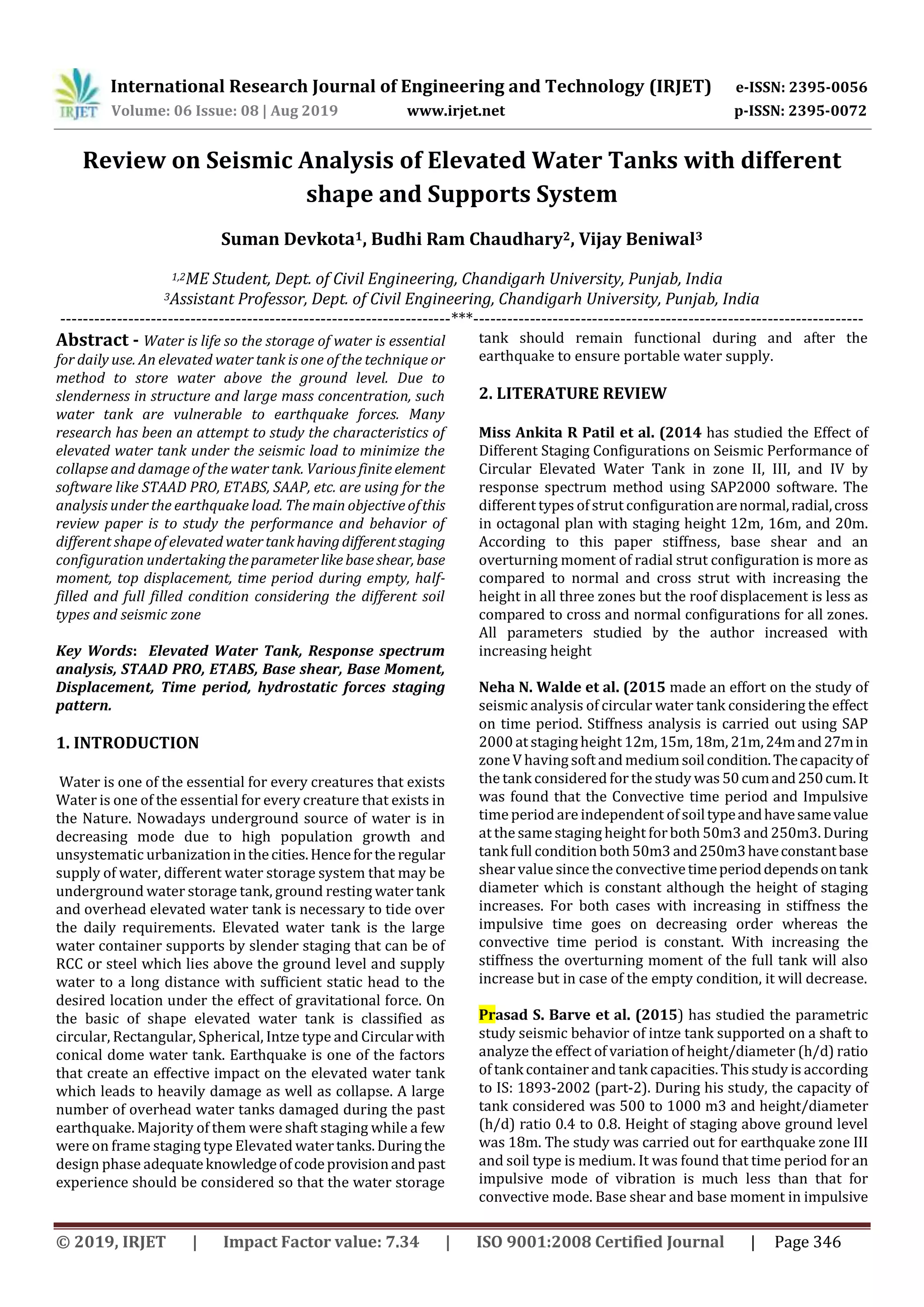 IRJET- Review on Seismic Analysis of Elevated Water Tanks with Different Shape and Supports ...