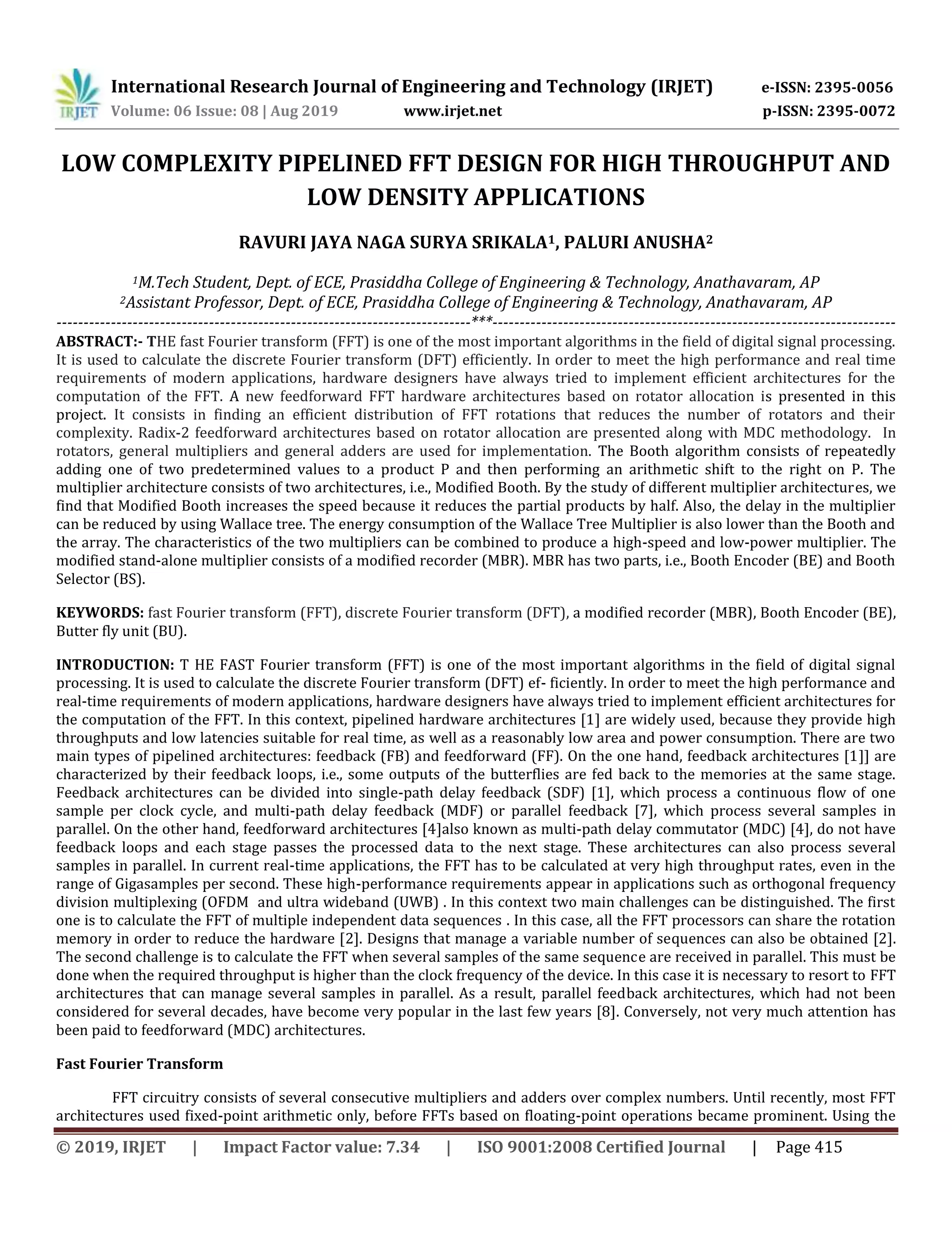 Irjet Low Complexity Pipelined Fft Design For High Throughput And Low