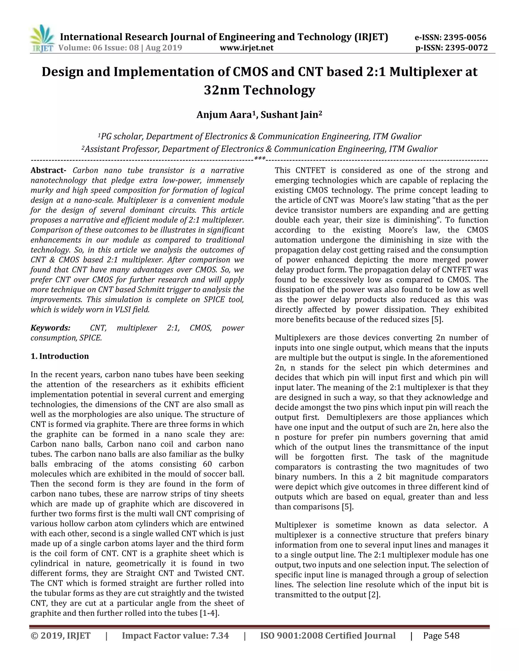 IRJET- Design and Implementation of CMOS and CNT based 2:1 Multiplexer ...
