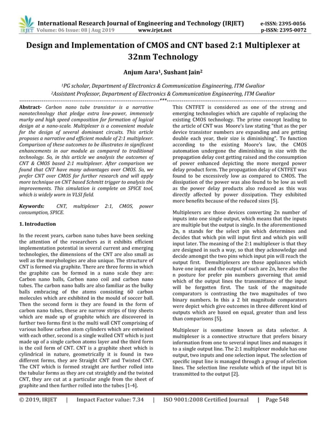 IRJET- Design and Implementation of CMOS and CNT based 2:1 Multiplexer at 32nm Technology | PDF