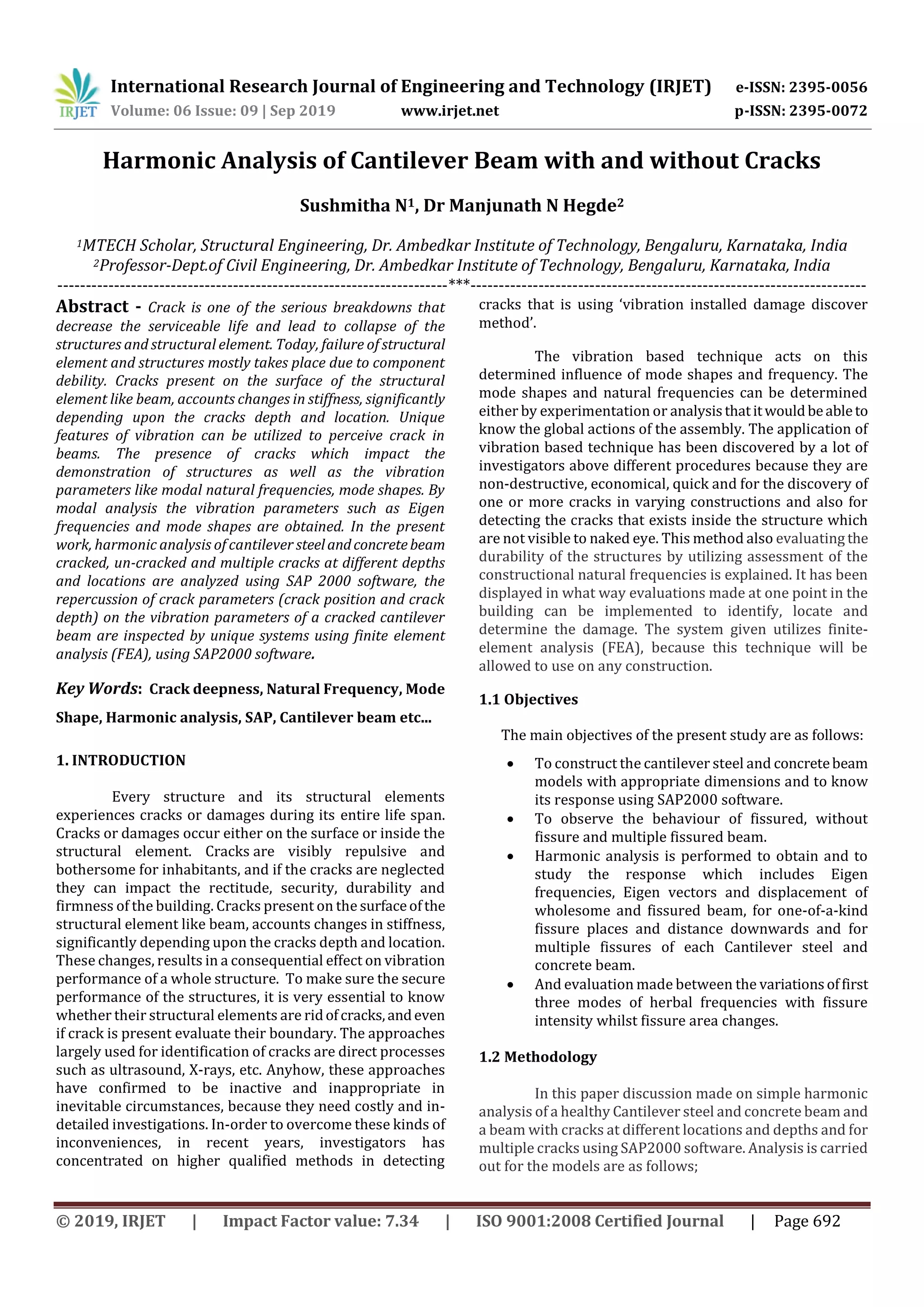 IRJET- Harmonic Analysis of Cantilever Beam with and without Cracks | PDF