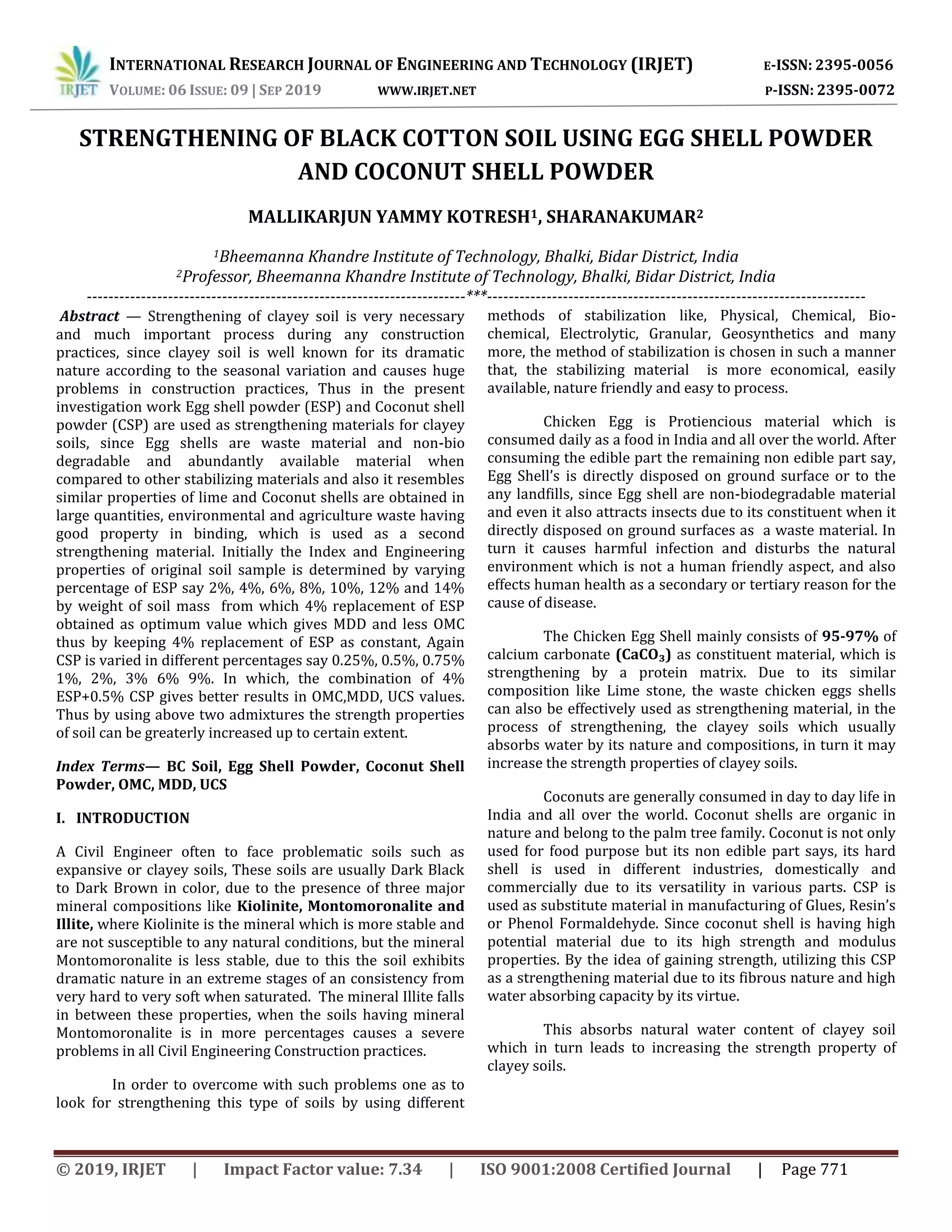 IRJET- Strengthening of Black Cotton Soil using Egg Shell Powder and ...